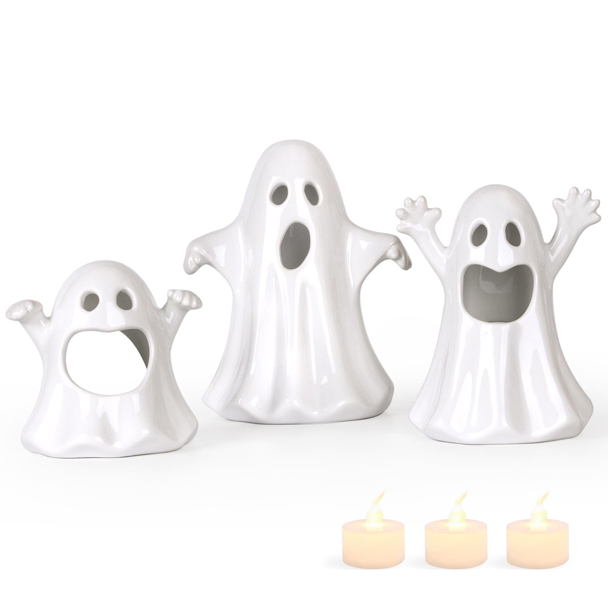 Sunlit Ceramic Ghost with 3 Tea Lights, Spooky Candle Holder Set of 3 ...