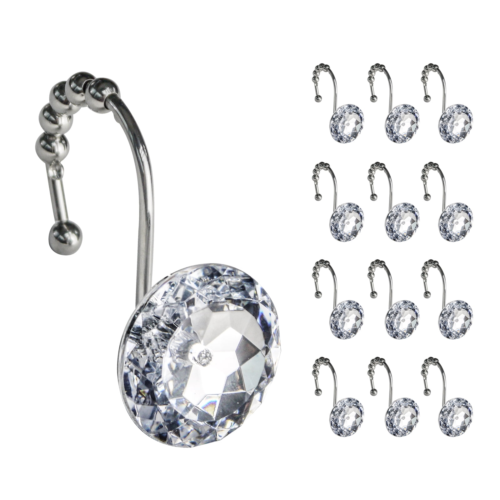 Sunlit Crystal Shower Curtain Hooks - Round Diamond Bling, Rhinestones, 12 Pack, Glam Bath Decor ...