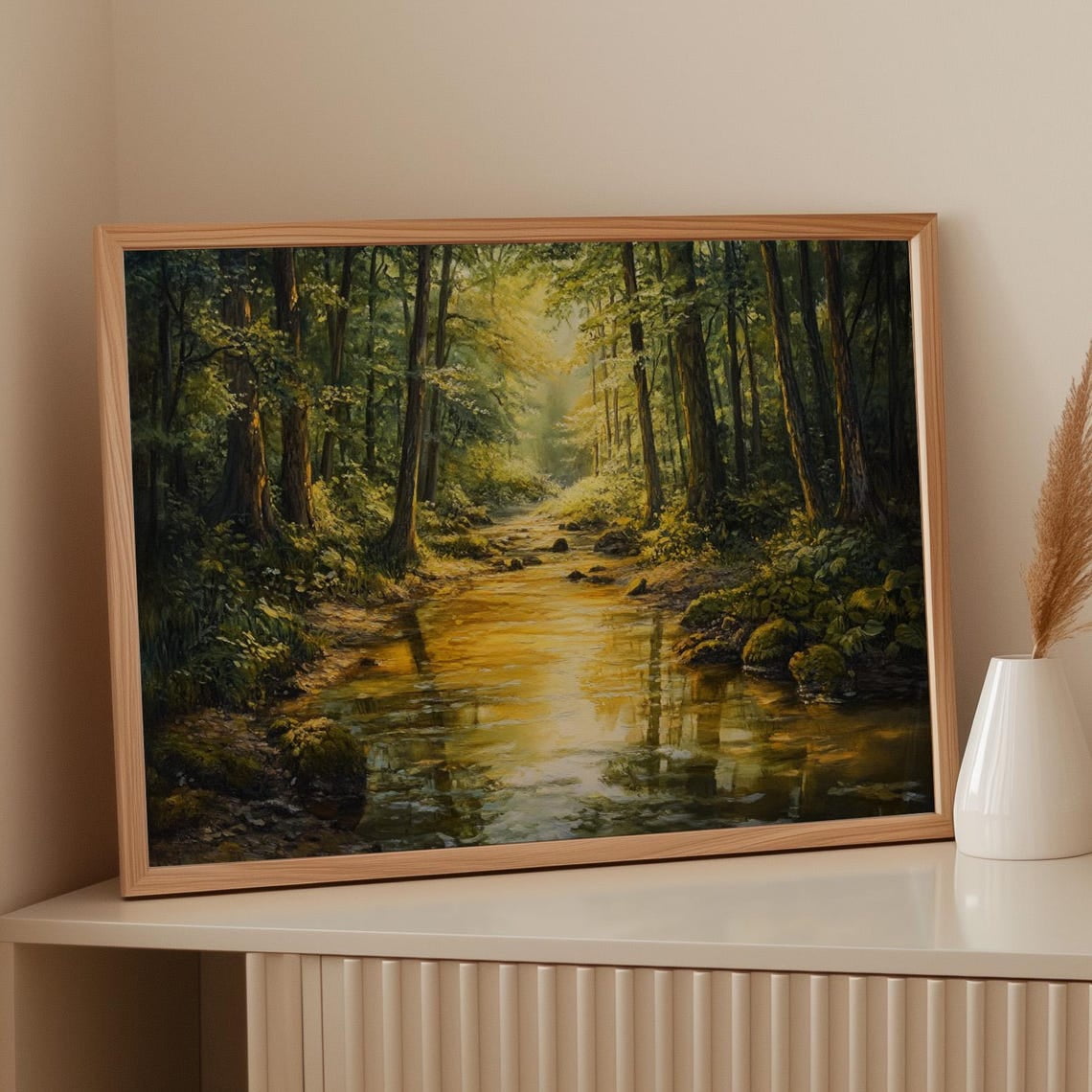 Sunlit Forest Stream Painting – Peaceful Green Woodland Landscape Wall ...
