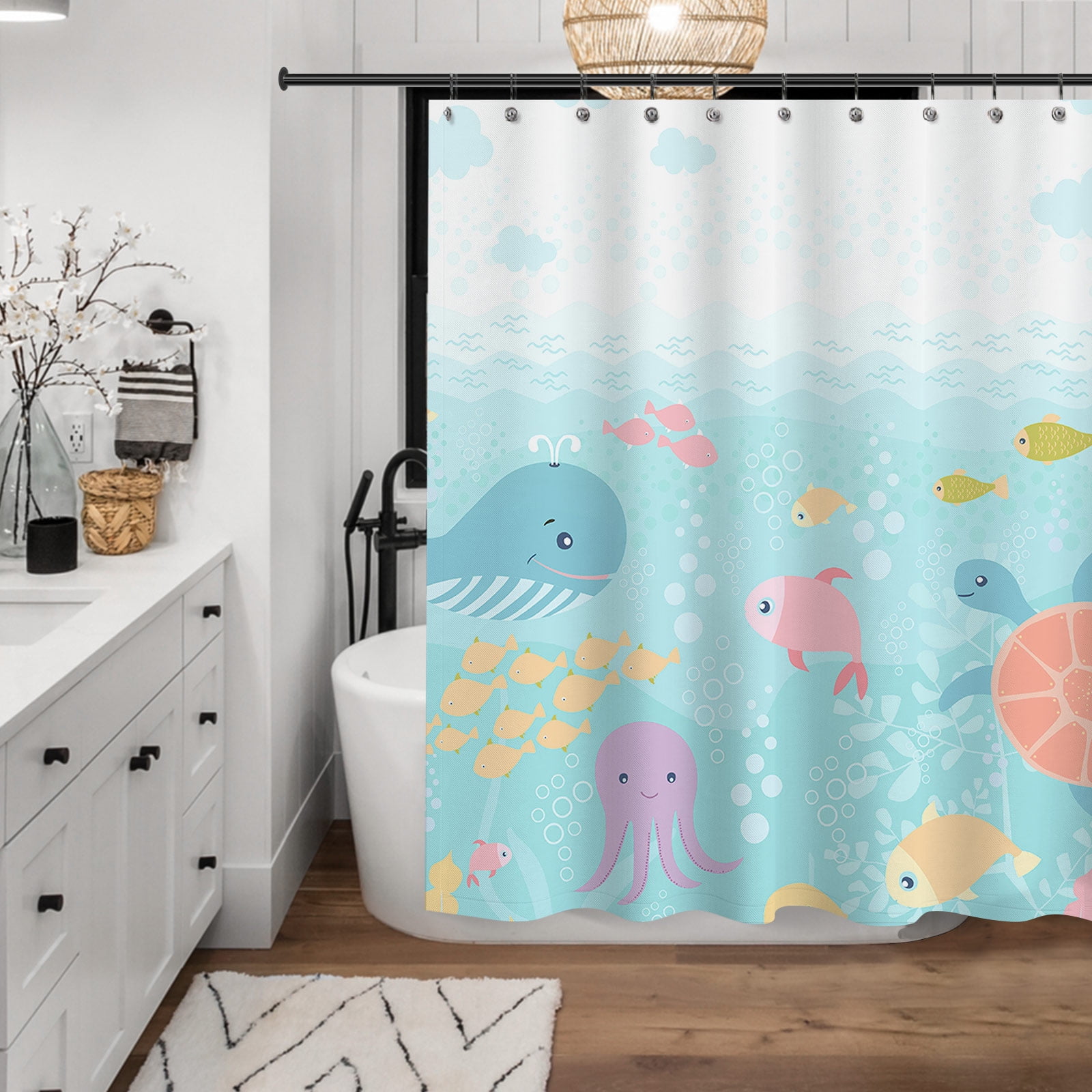 Sunlit Lovely Cartoon Baby Shower Curtain, Sea Creatures Light Blue Fabric Shower Curtain for ...