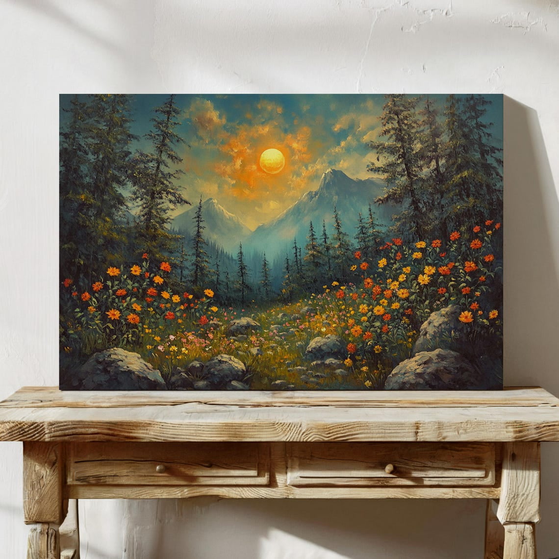 Sunlit Mountain Landscape Wall Art - Vibrant Wildflowers And Forest ...