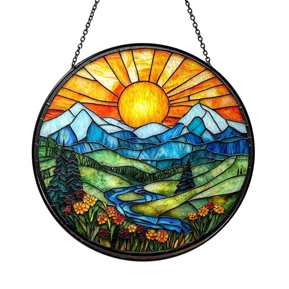Sunlit Mountain Scene Faux Stained Glass Suncatcher, Window Hanging ...