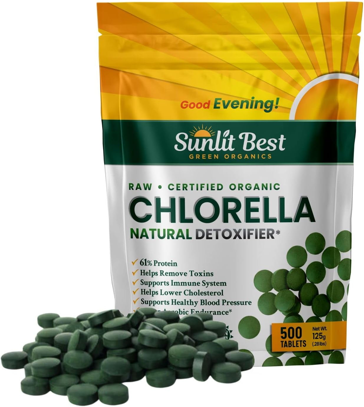 Sunlit Organic Chlorella Natural Detoxifier 500 Tablets, Broken and Burst Cell Wall, Raw, Non ...