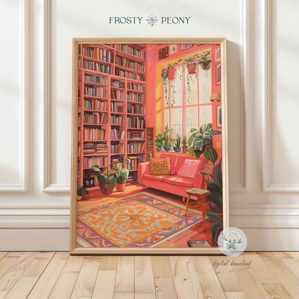 Sunlit Reading Corner Art Print, Cozy Bookshelves And Plants Art Print ...
