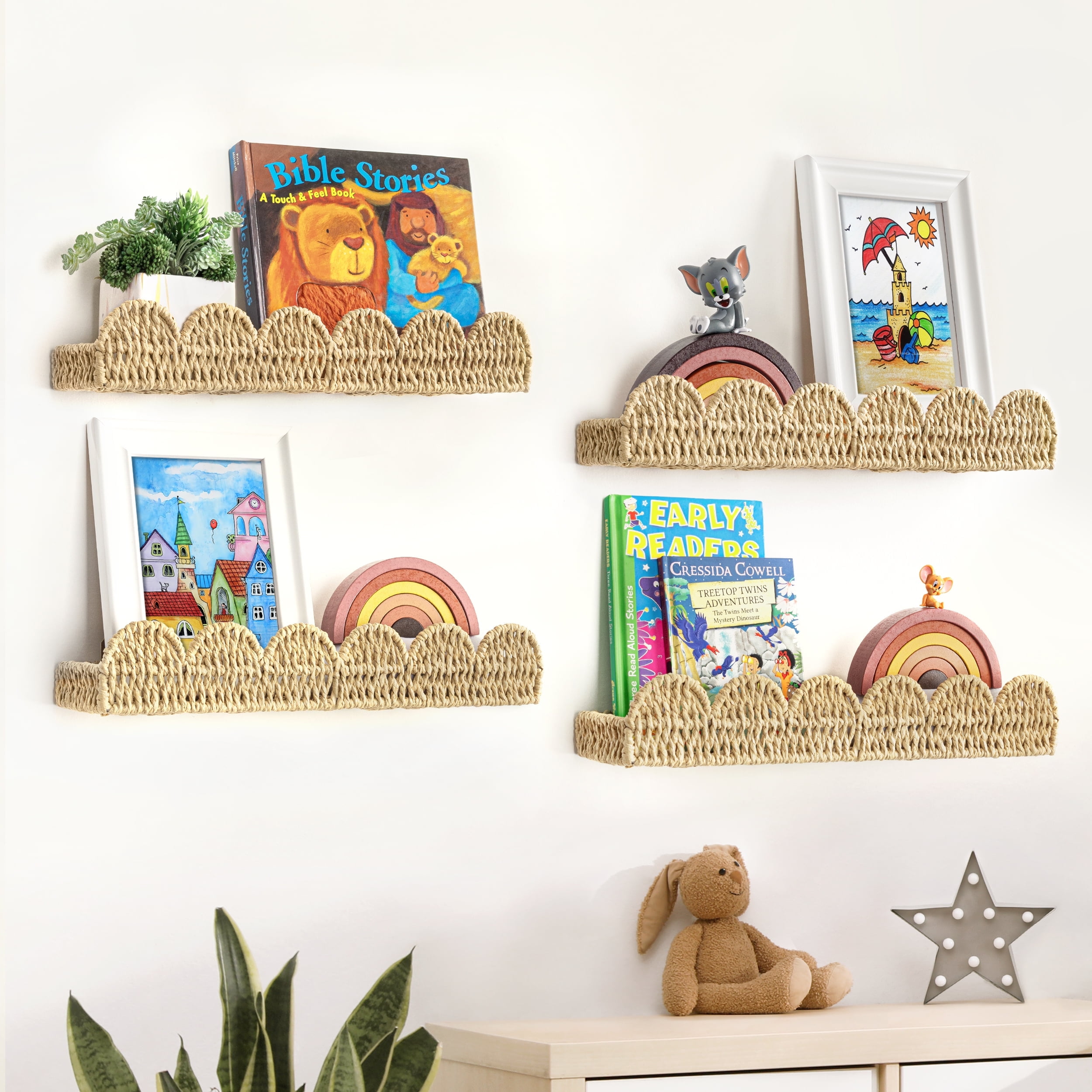 Sunlit Scalloped Nursery Bookshelf, Set of 4, Picture Ledge Shelf for ...