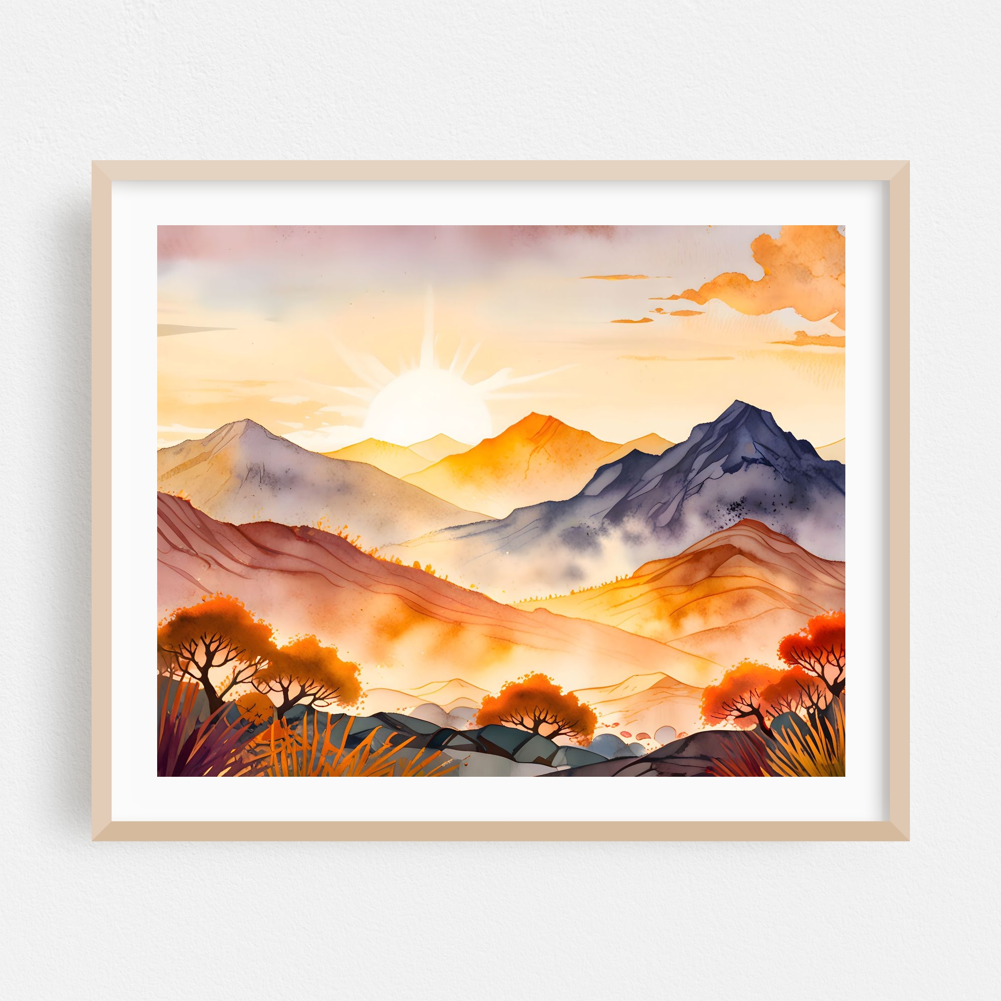 Sunlit Trees and Shadowed Valleys - India Painting Mountain Sunset Landscape Nature Desert ...