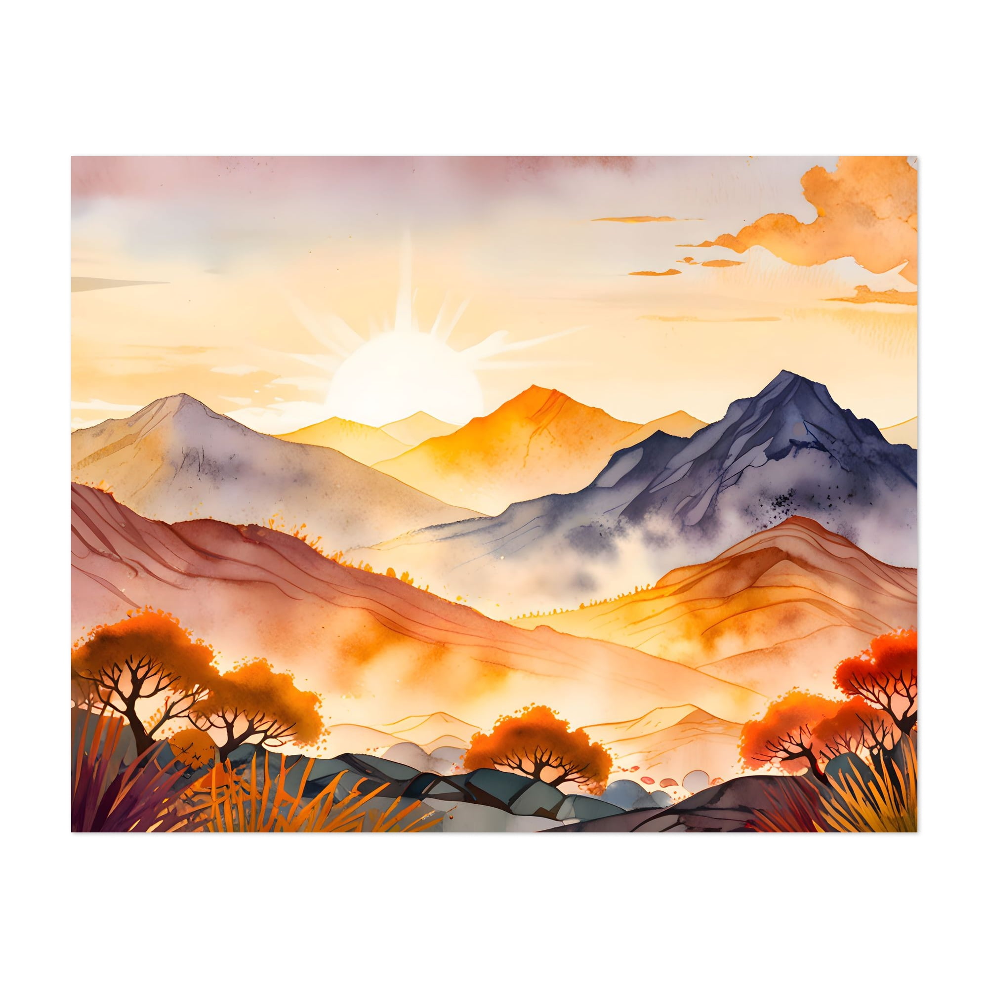 Sunlit Trees and Shadowed Valleys - India Painting Mountain Sunset ...