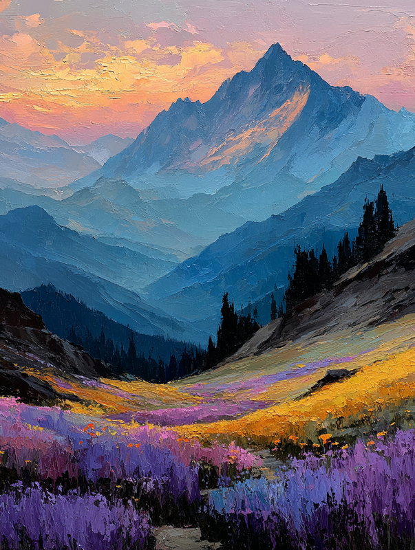 Sunlit Wildflower Mountain Canvas Wall Art, Vibrant Sunset Hill Print ...