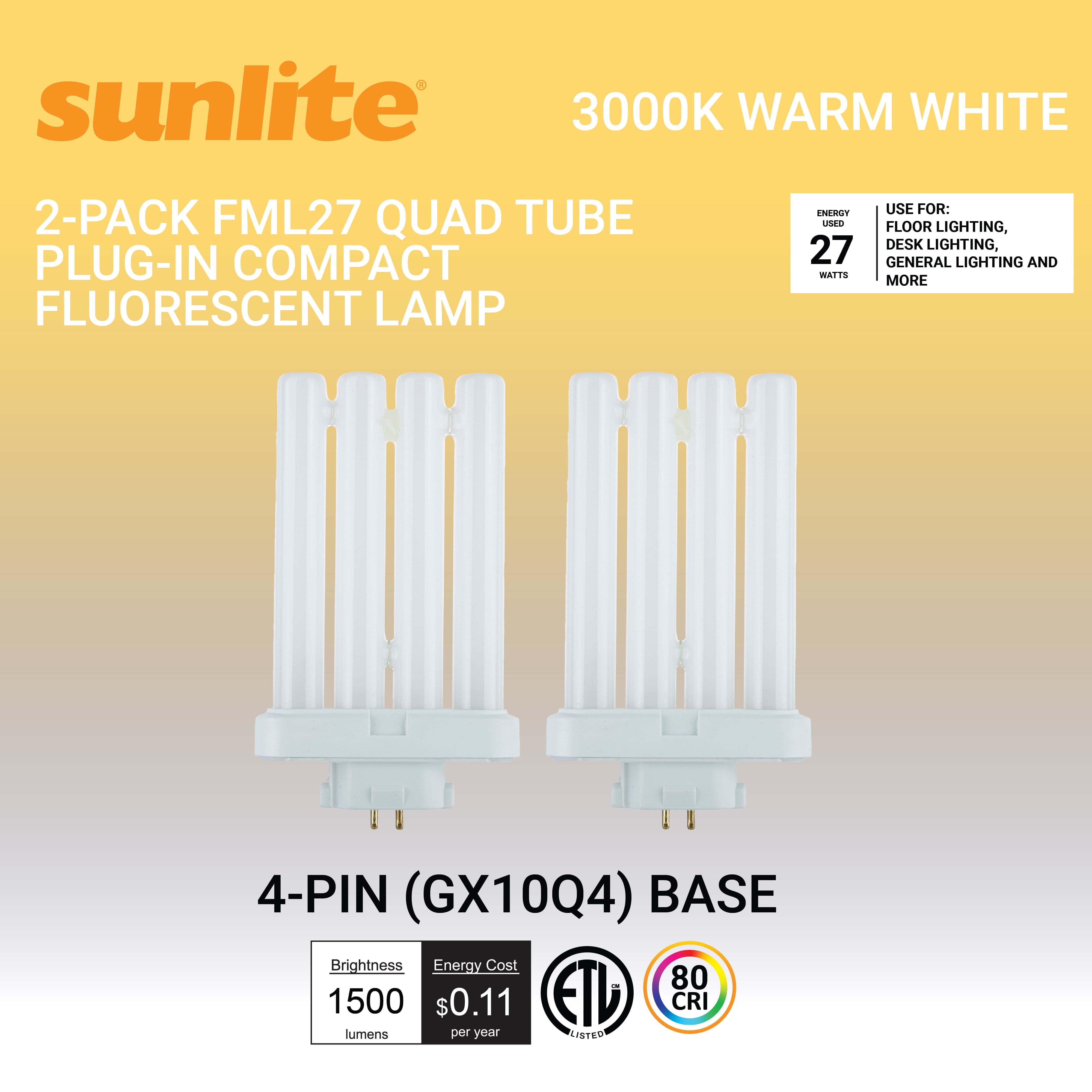 Sunlite FML27/30K/2PK CFL, 27W, 1500 Lumens, 3000K Warm White, 4-Pin ...