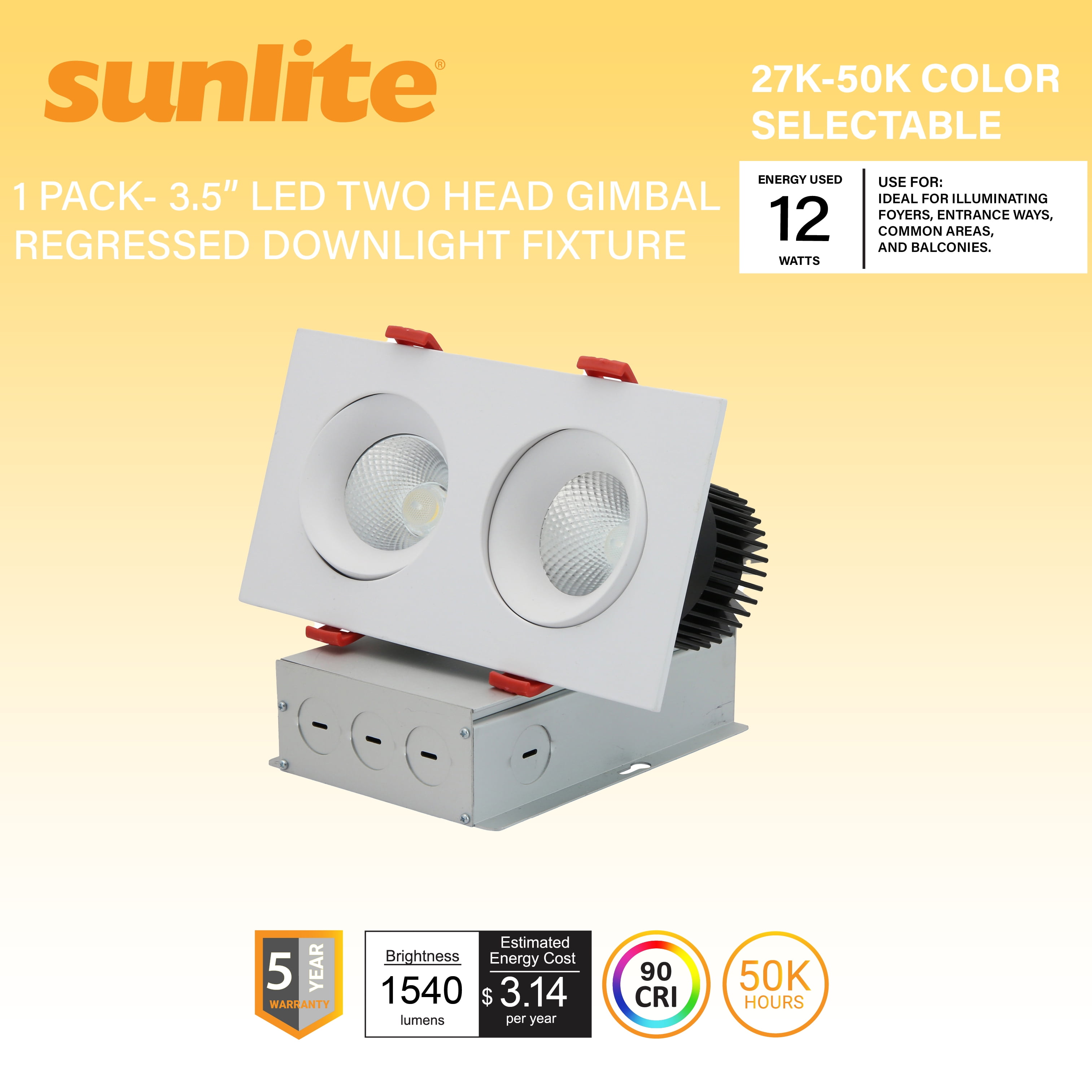 Sunlite 3.5” LED Two Head Gimbal Regressed Downlight Fixture, 24W, 1540 ...