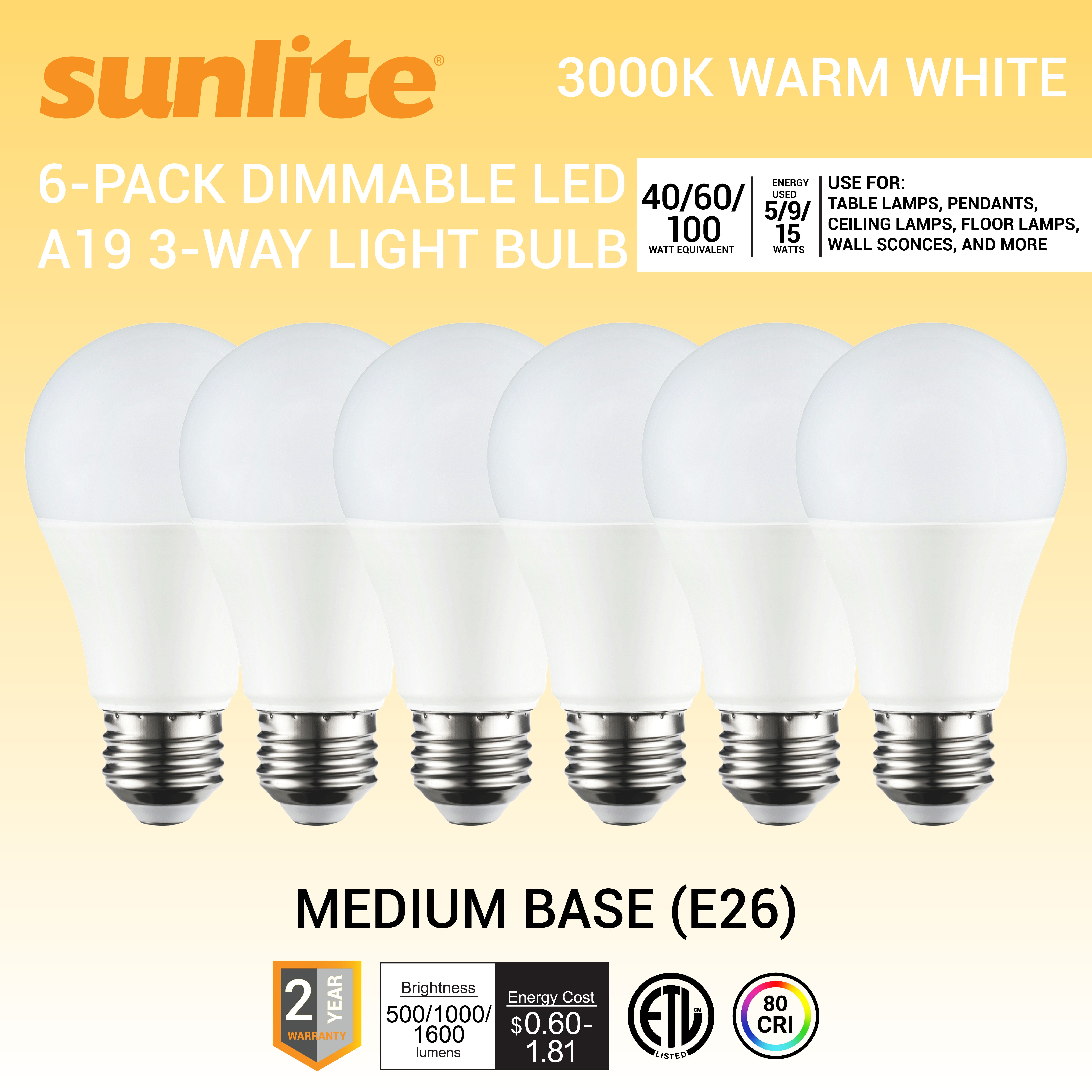 Sunlite 3-Way LED A19 Light Bulb, 5/9/15 Watts (40W 60W 100W Equivalent ... Sunlite 3-Way LED A19 Light Bulb, 5/9/15 Watts (40W 60W 100W Equivalent ...