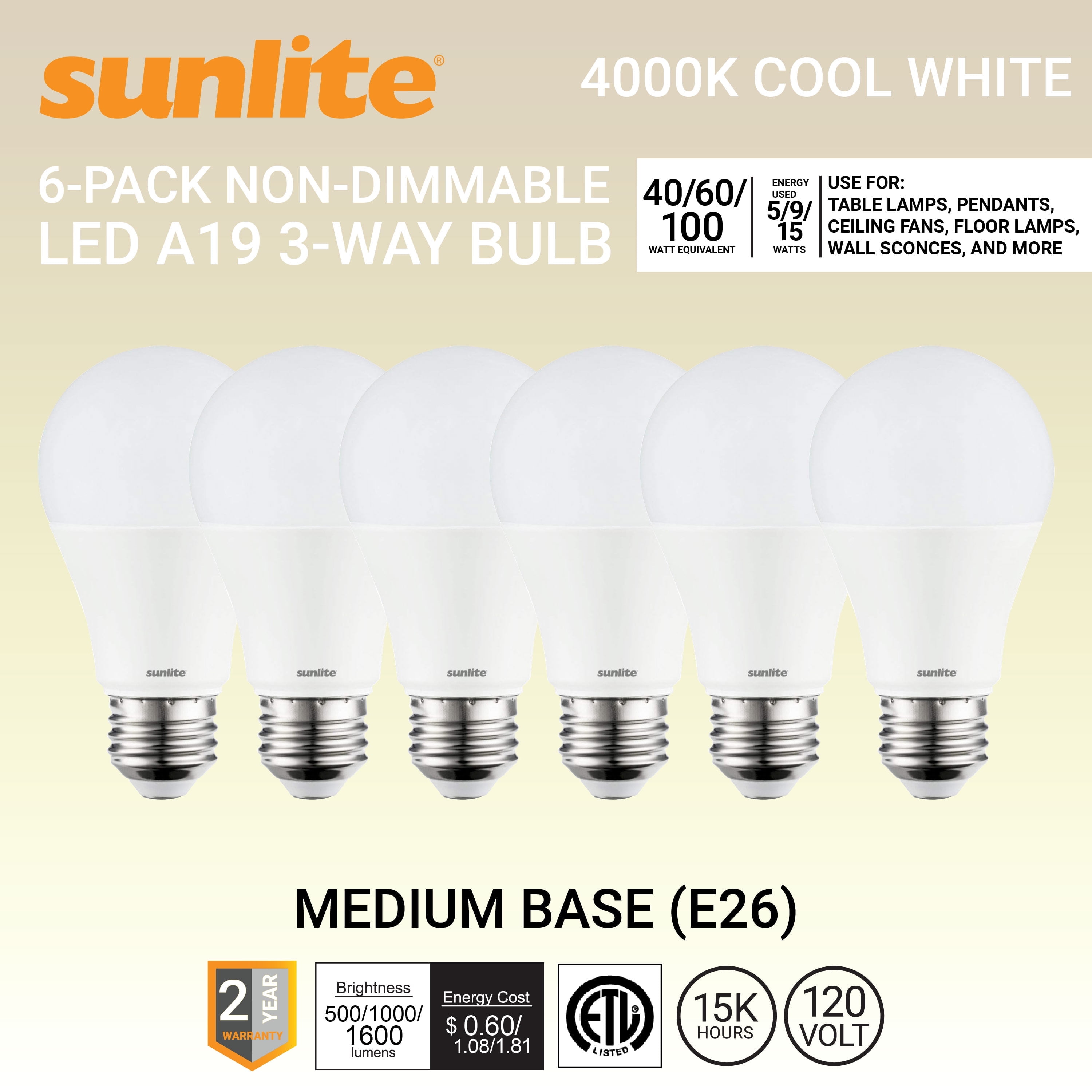 Sunlite 3-Way LED A19 Light Bulb, 5/9/15 Watts (40W 60W 100W Equivalent ...