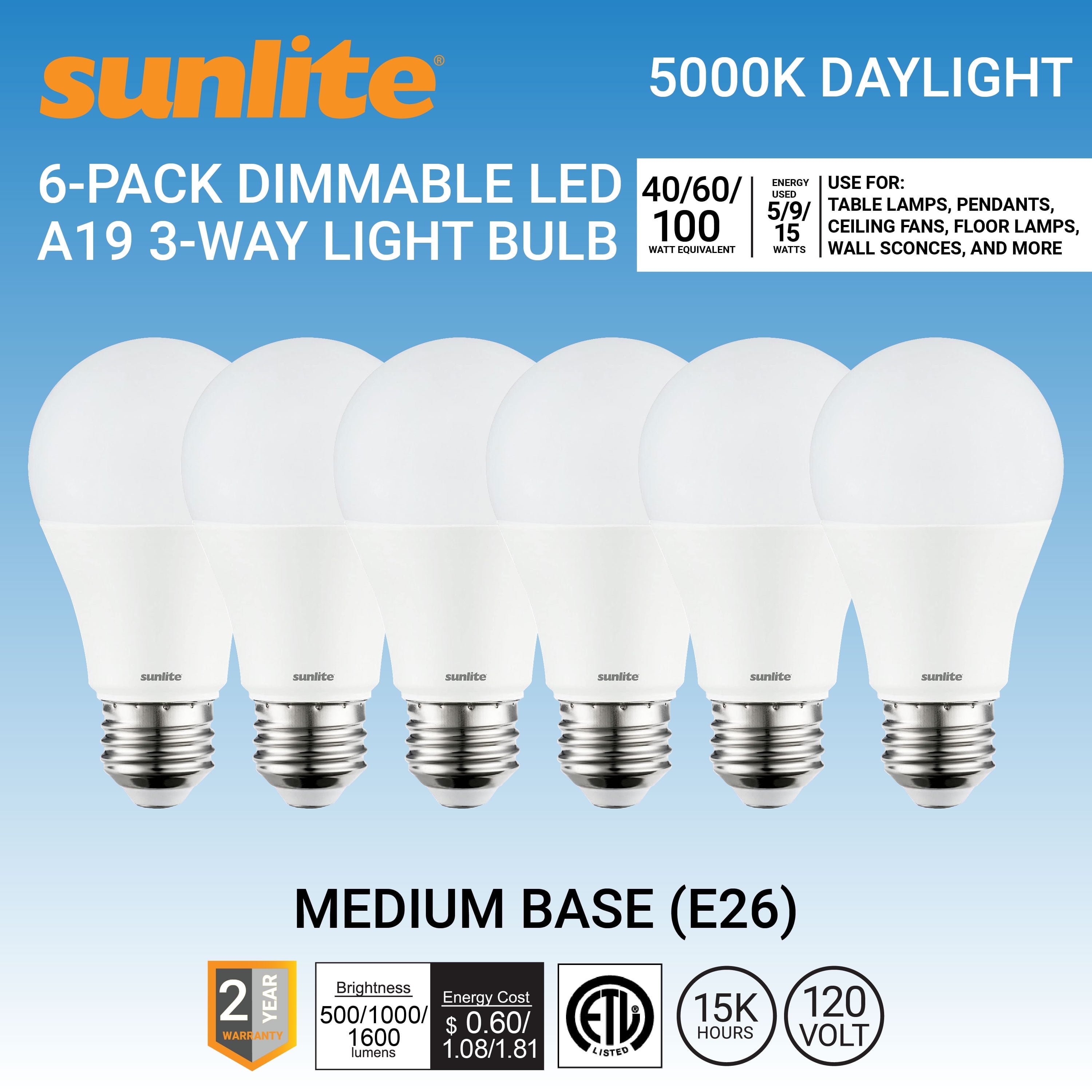 Sunlite 3-Way LED A19 Light Bulb, 5/9/15 Watts (40W 60W 100W Equivalent ...