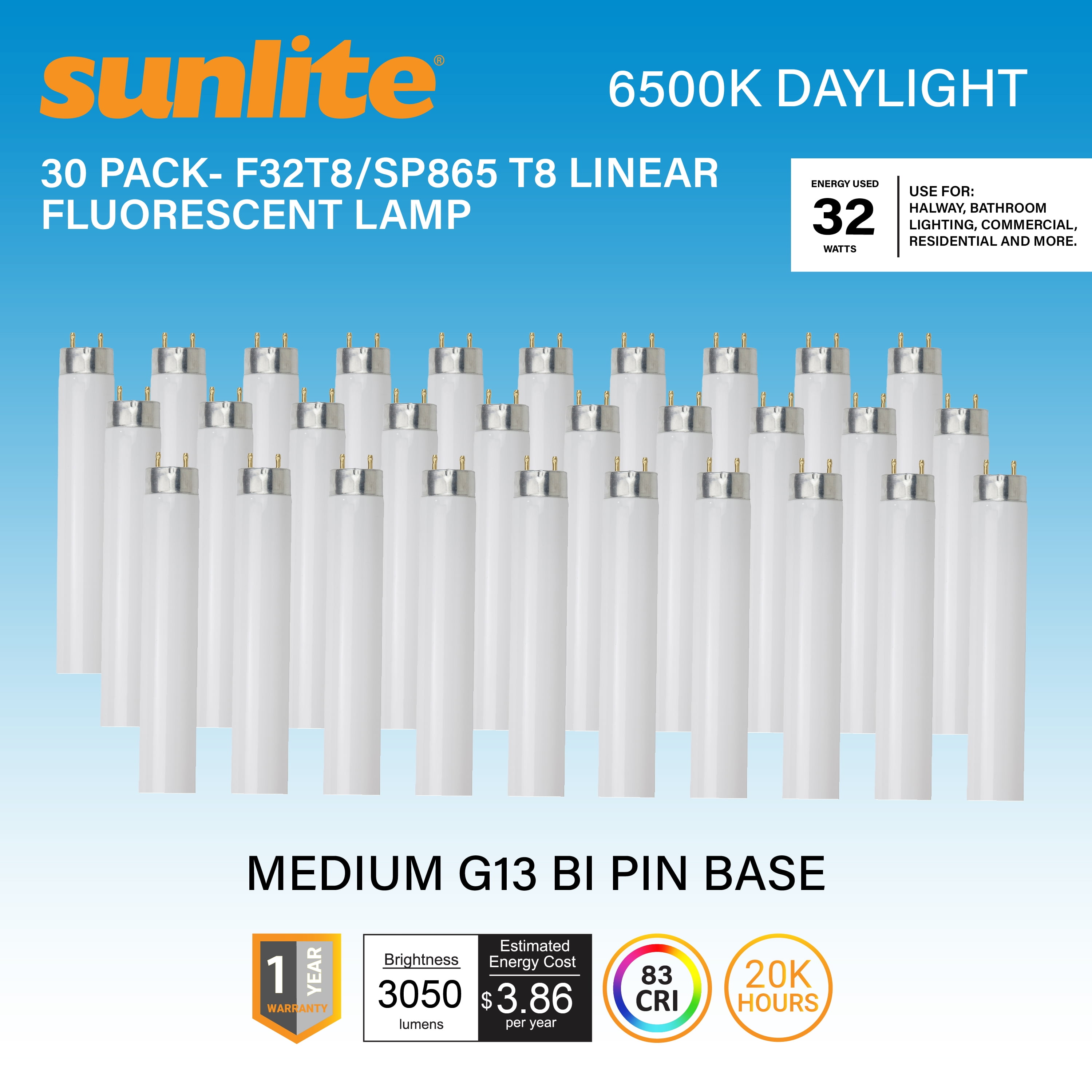 Sunlite T8 Fluorescent, 32W, 3100lm, 6000K, G13 Bi-Pin, Daylight, Straight Tube, 30pk, F32T8 ...