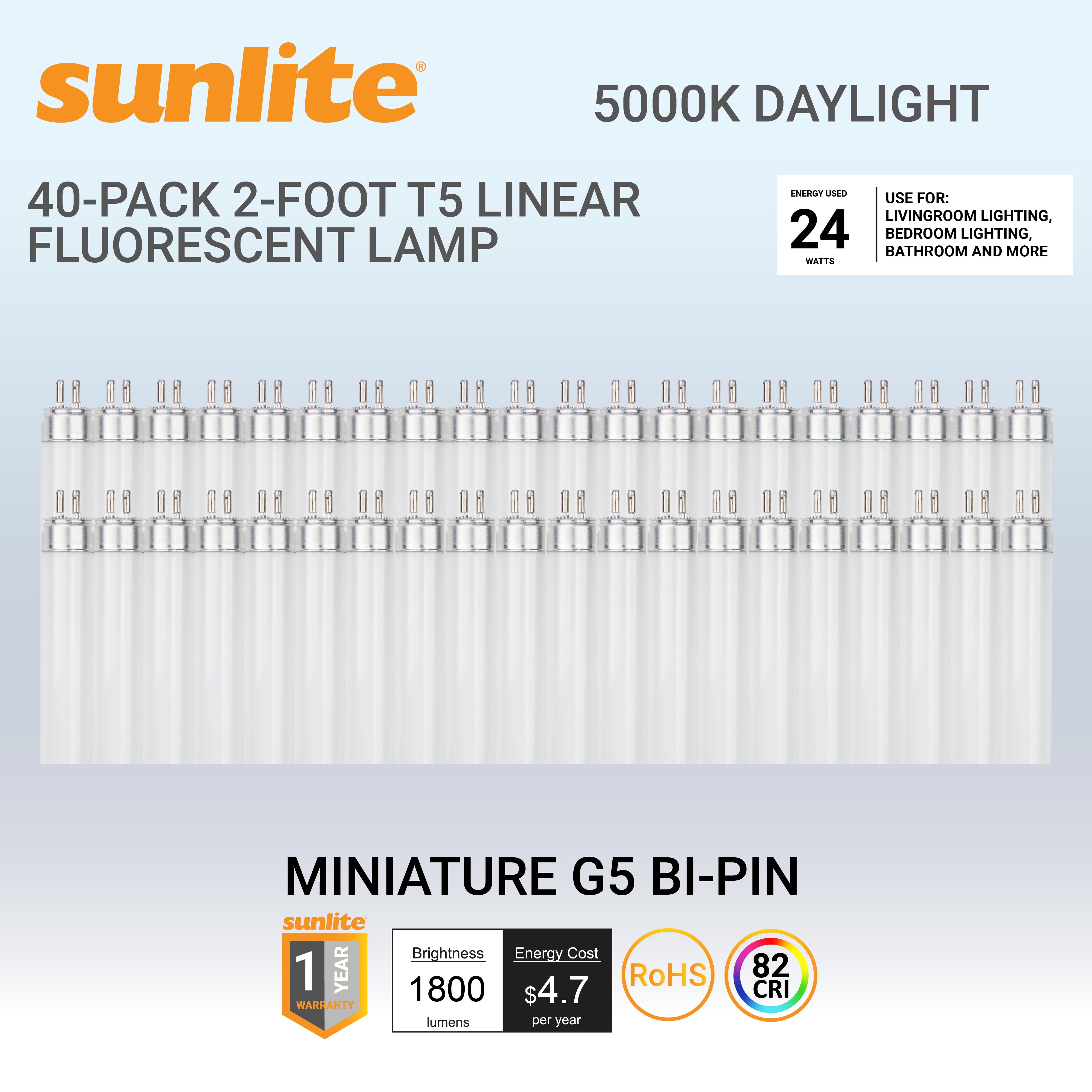 Sunlite 24W T5 HO 2-Foot Linear Fluorescent Tube Light Bulb, 5000K ...