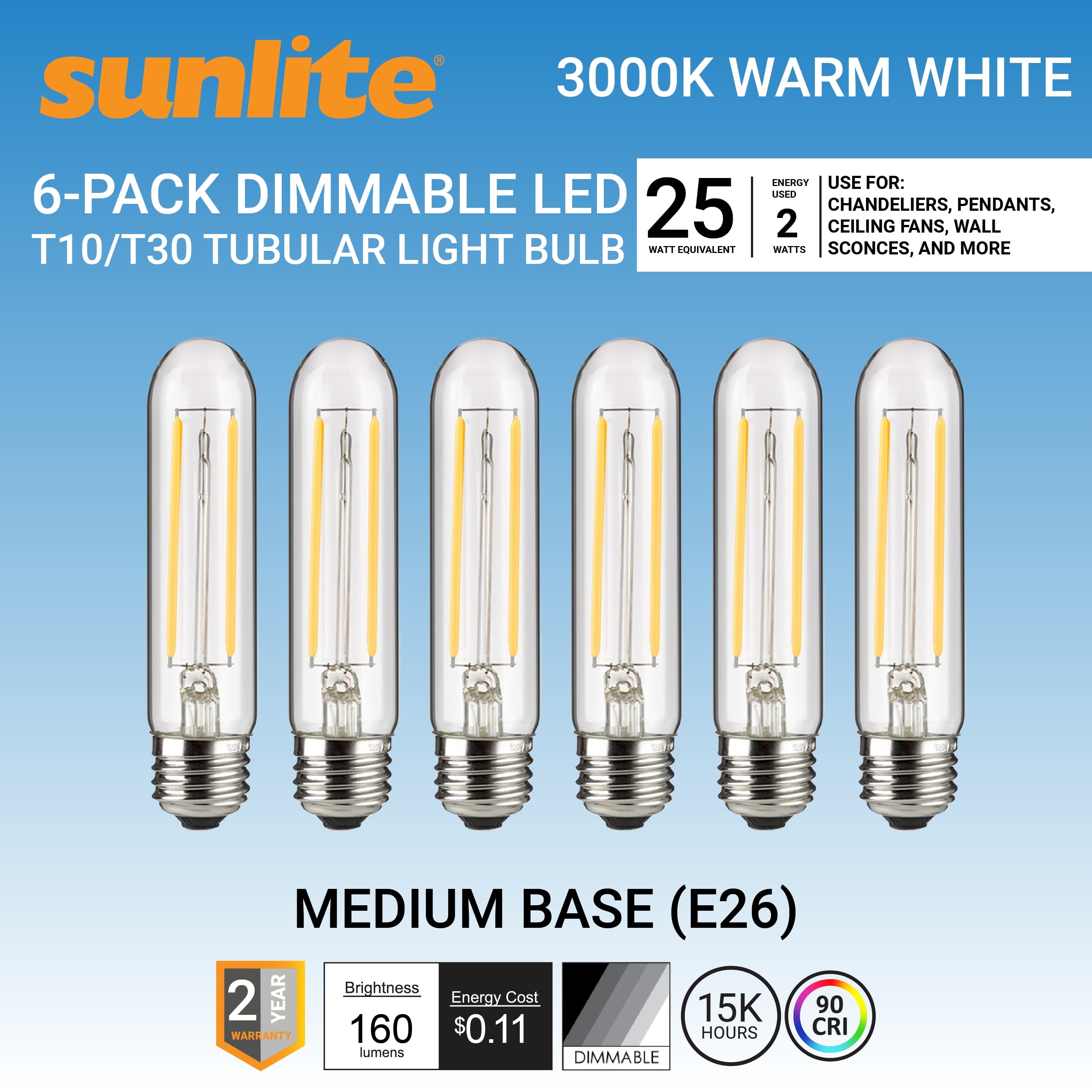 Sunlite 41791 LED Edison T10/T30 Tubular Light Bulb, 2 Watts (25W ...