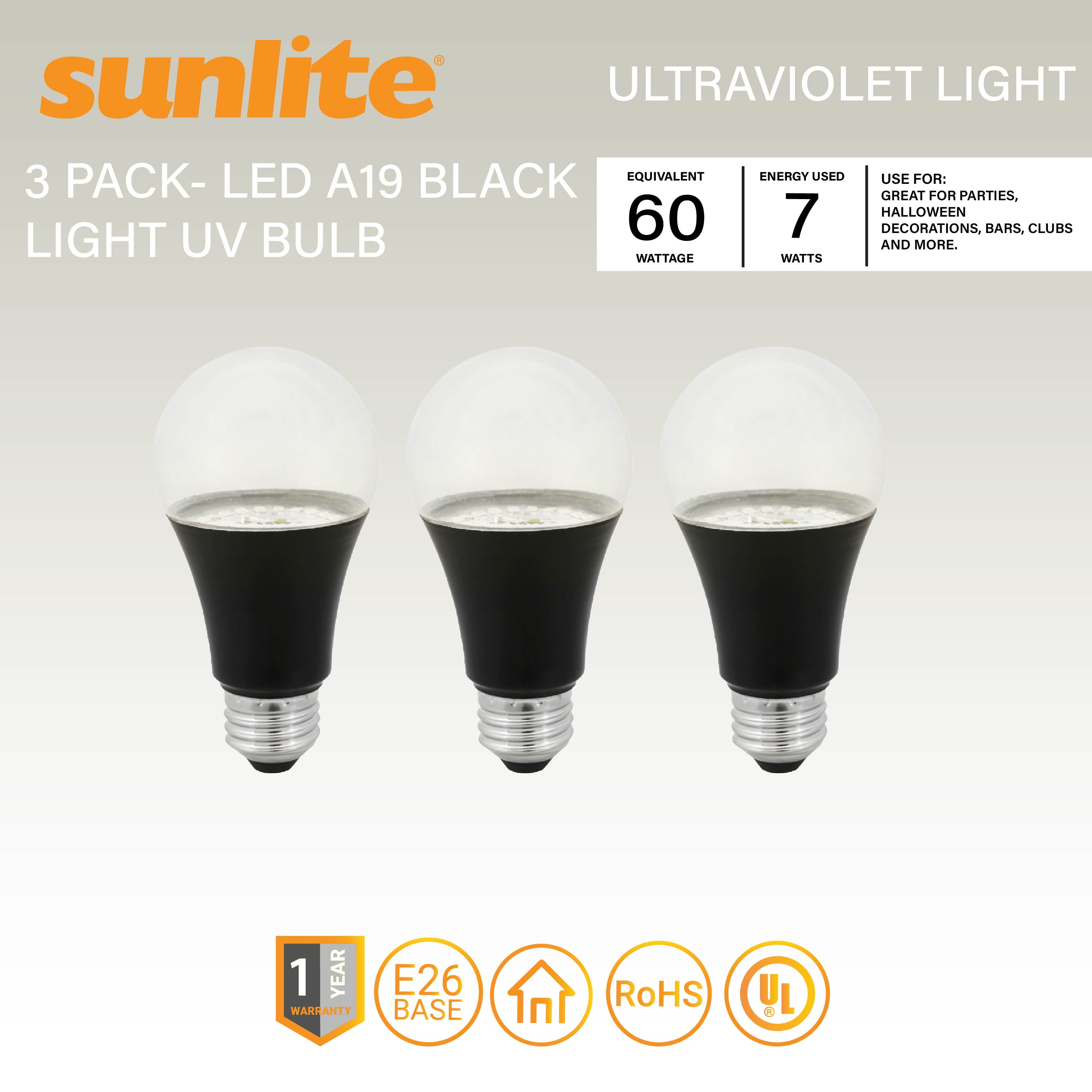 Sunlite LED A19 Black Light Bulb, 7 Watt, Medium Base (E26), Non-Dim ...