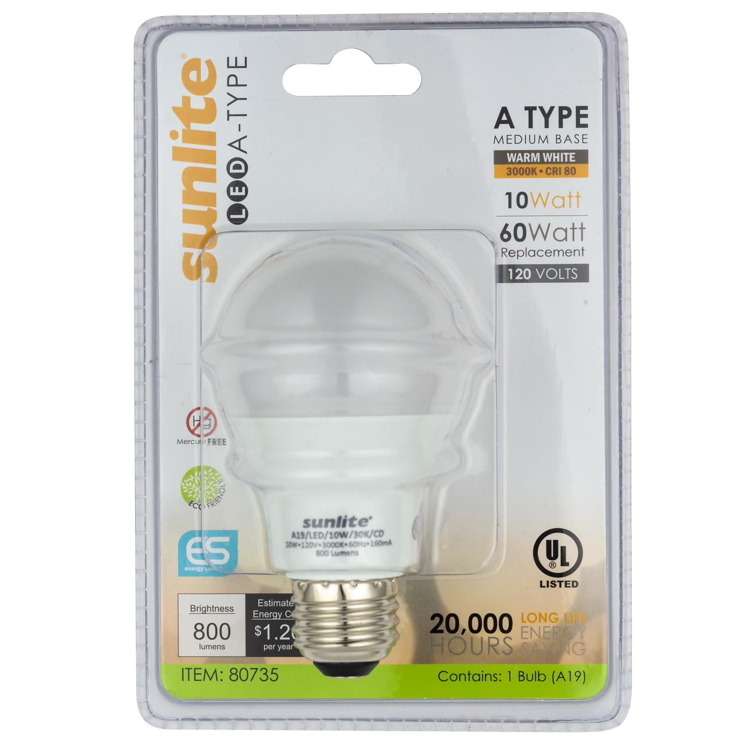 Sunlite 80737-SU LED A19 Household 10w Light Bulb Daylight 6500K ...