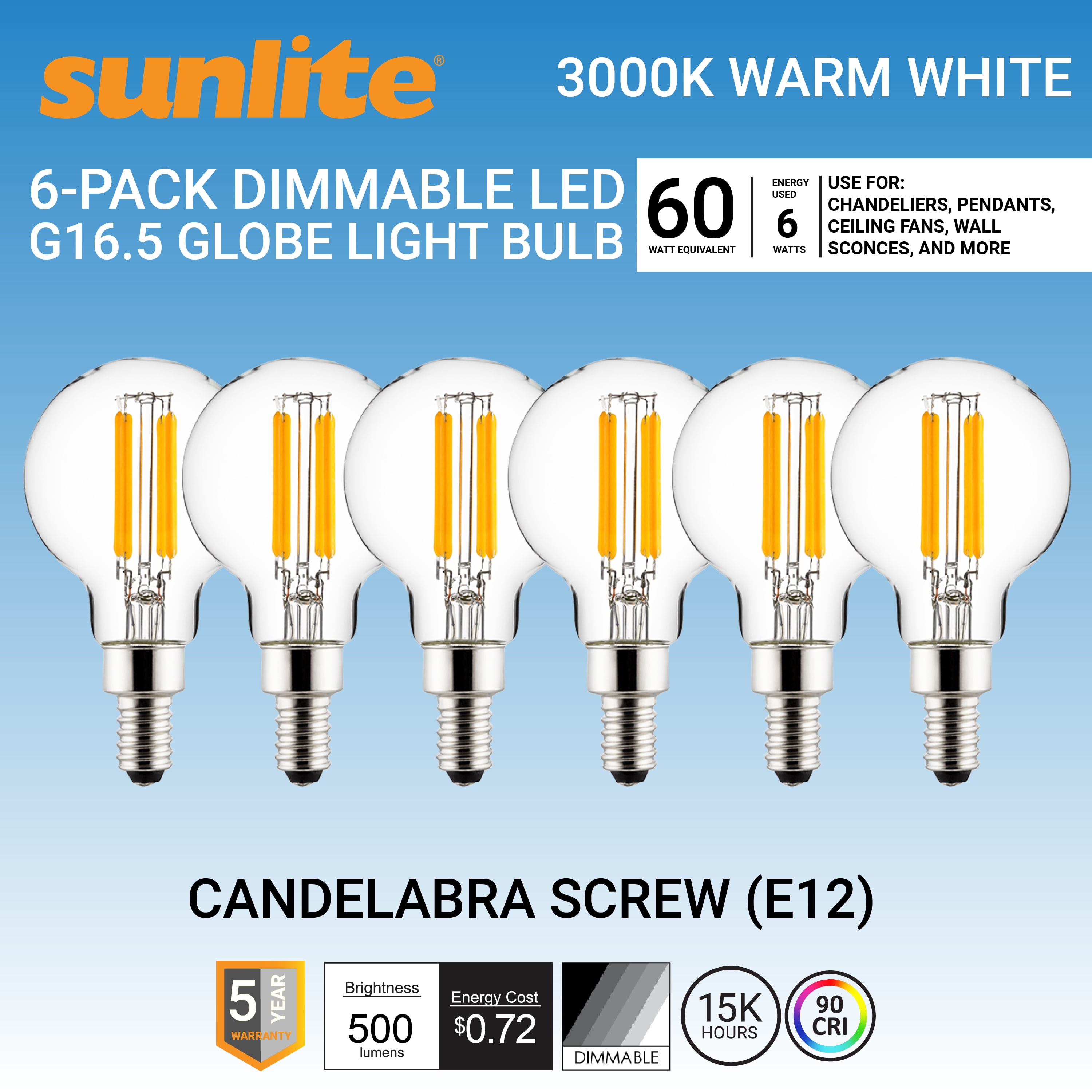 Sunlite 81145 LED G16.5 Filament Style Globe Light Bulb, 6 Watts (60W Equivalent), 500 Lumens ...