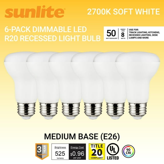 Sunlite LED 90 CRI R20 Recessed Light Bulb, 8 Watts (50W Equivalent ...