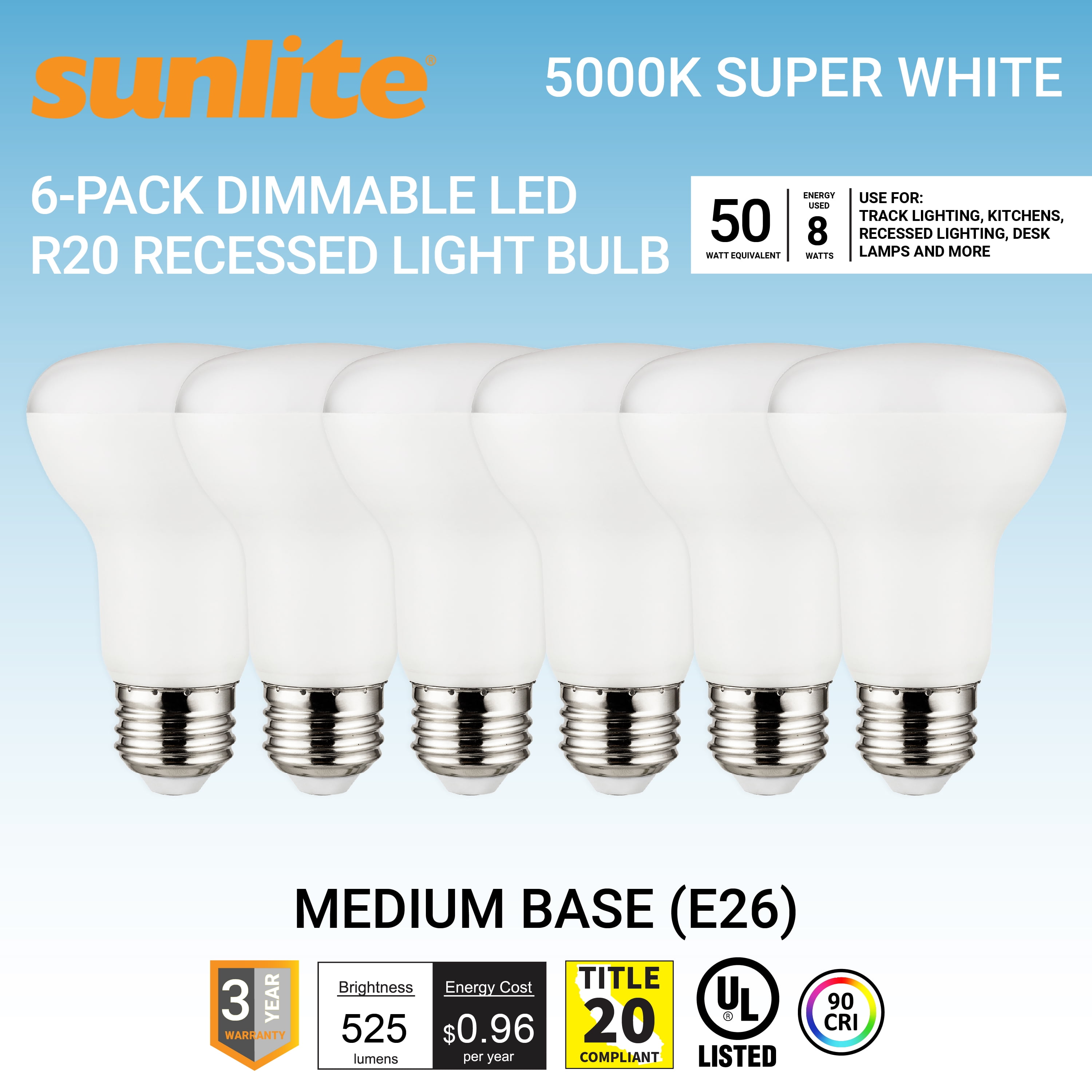Sunlite LED 90 CRI R20 Recessed Light Bulb, 8 Watts (50W Equivalent ...