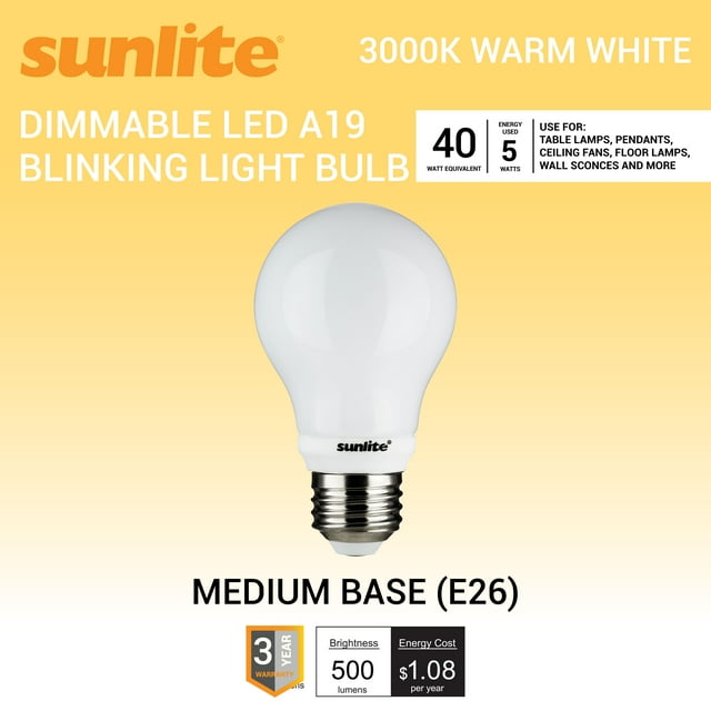 Sunlite Bright LED Indoor A19 Blinking Light Bulb, 5W (40W Eq.), E26 ...