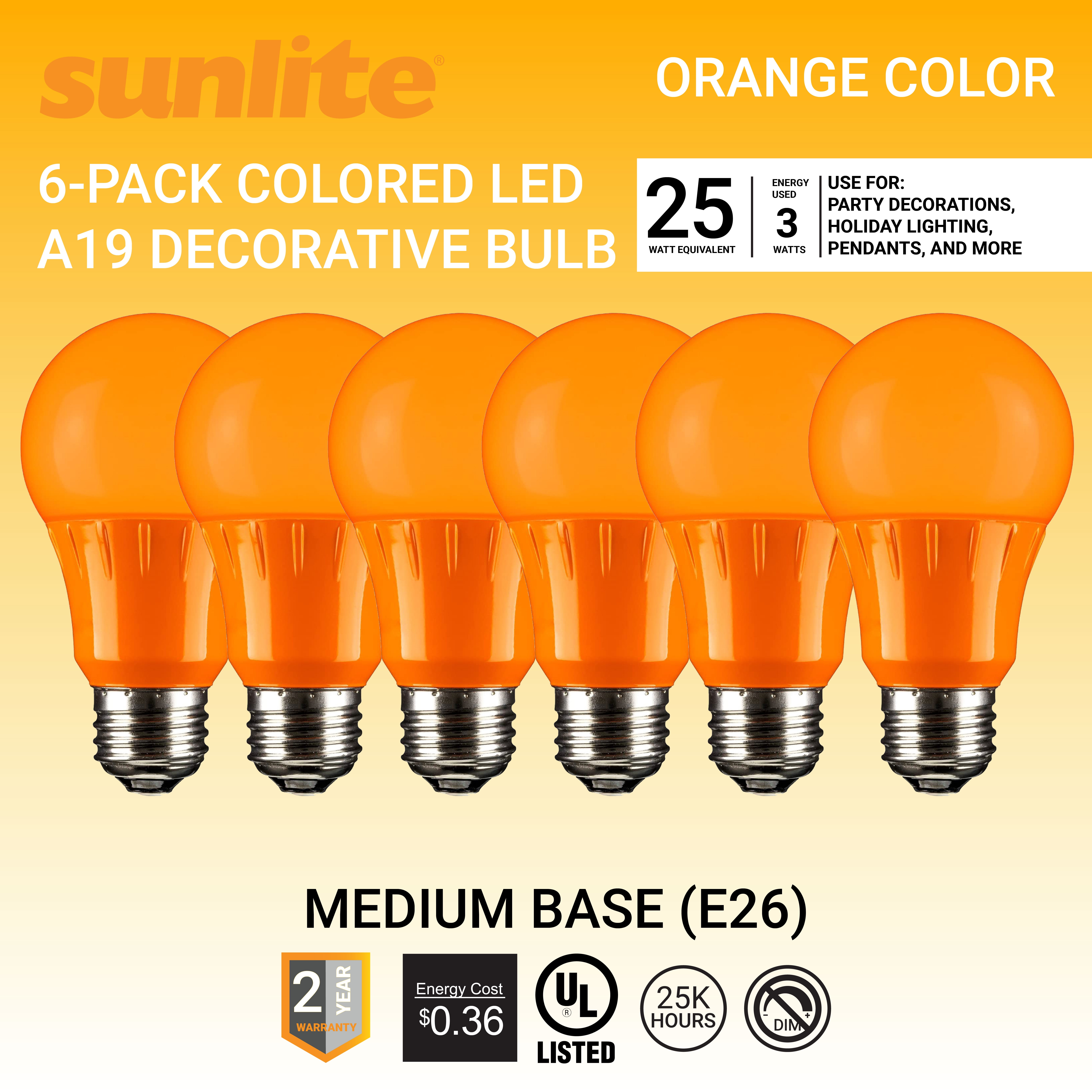 Sunlite Indoor Colorful LED A19 Light Bulbs, 3W (25w Equivalent), E26 ...