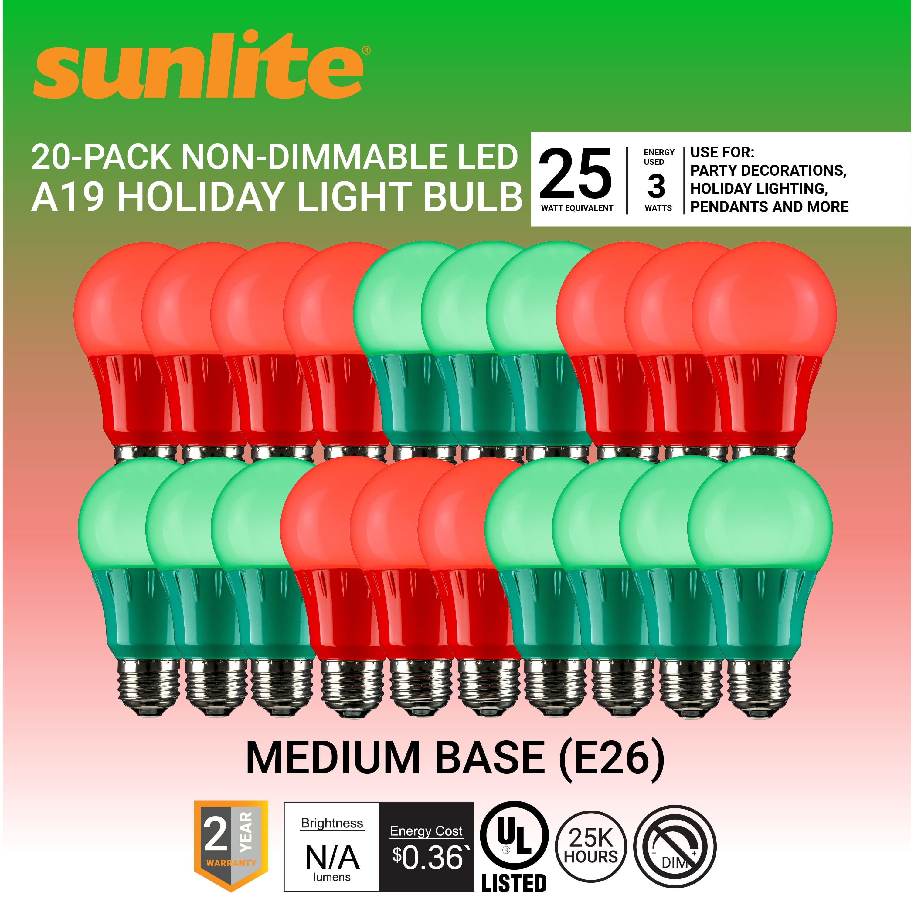 Sunlite LED A19 Decorative Christmas Holiday Light Bulbs, Medium Base ...