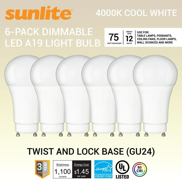 Sunlite LED A19 Light Bulb, 12 Watts (75W Equivalent), GU24 Twist and ...