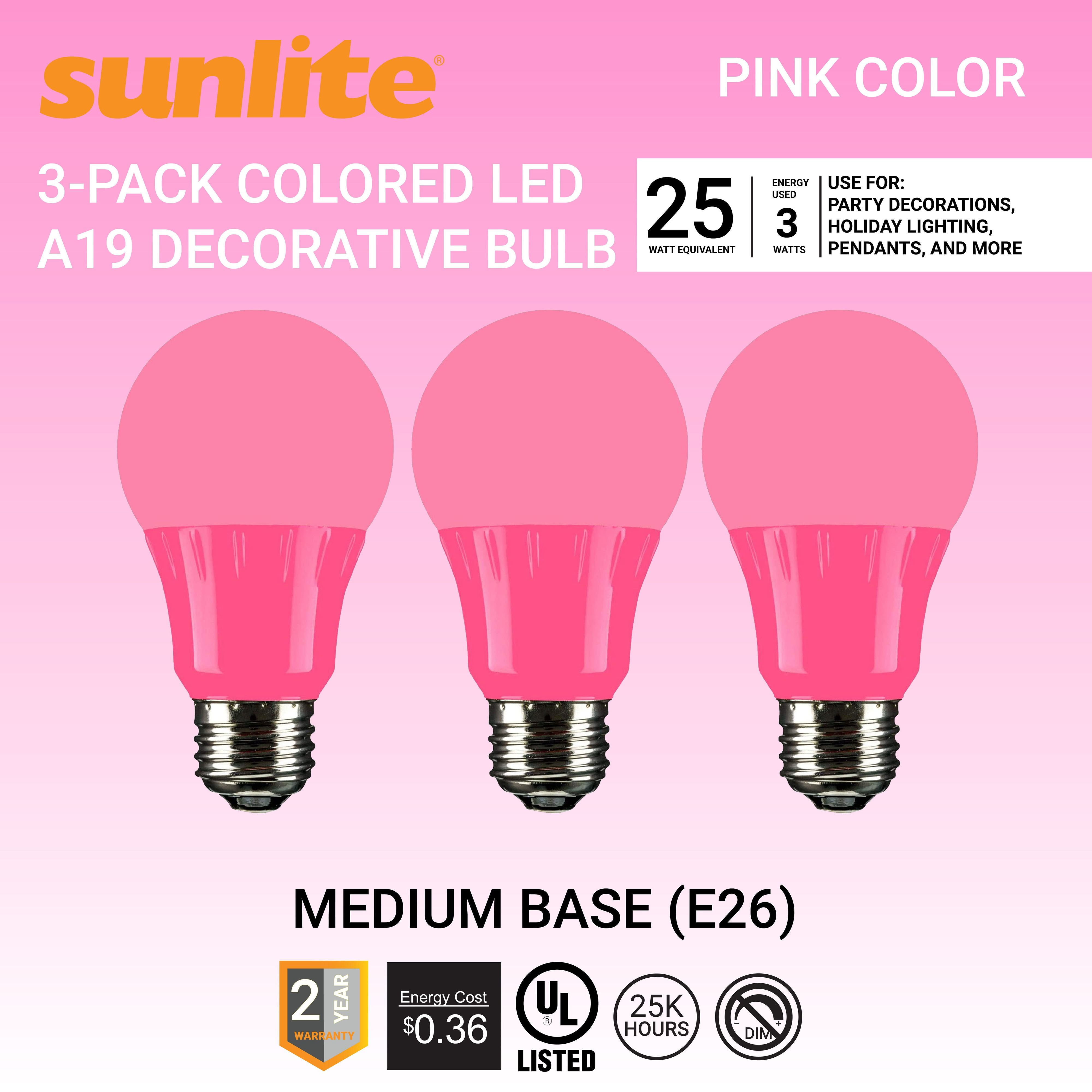 Sunlite LED A19 Pink Colored Light Bulb, 3W (25w Equivalent), E26 Base ...