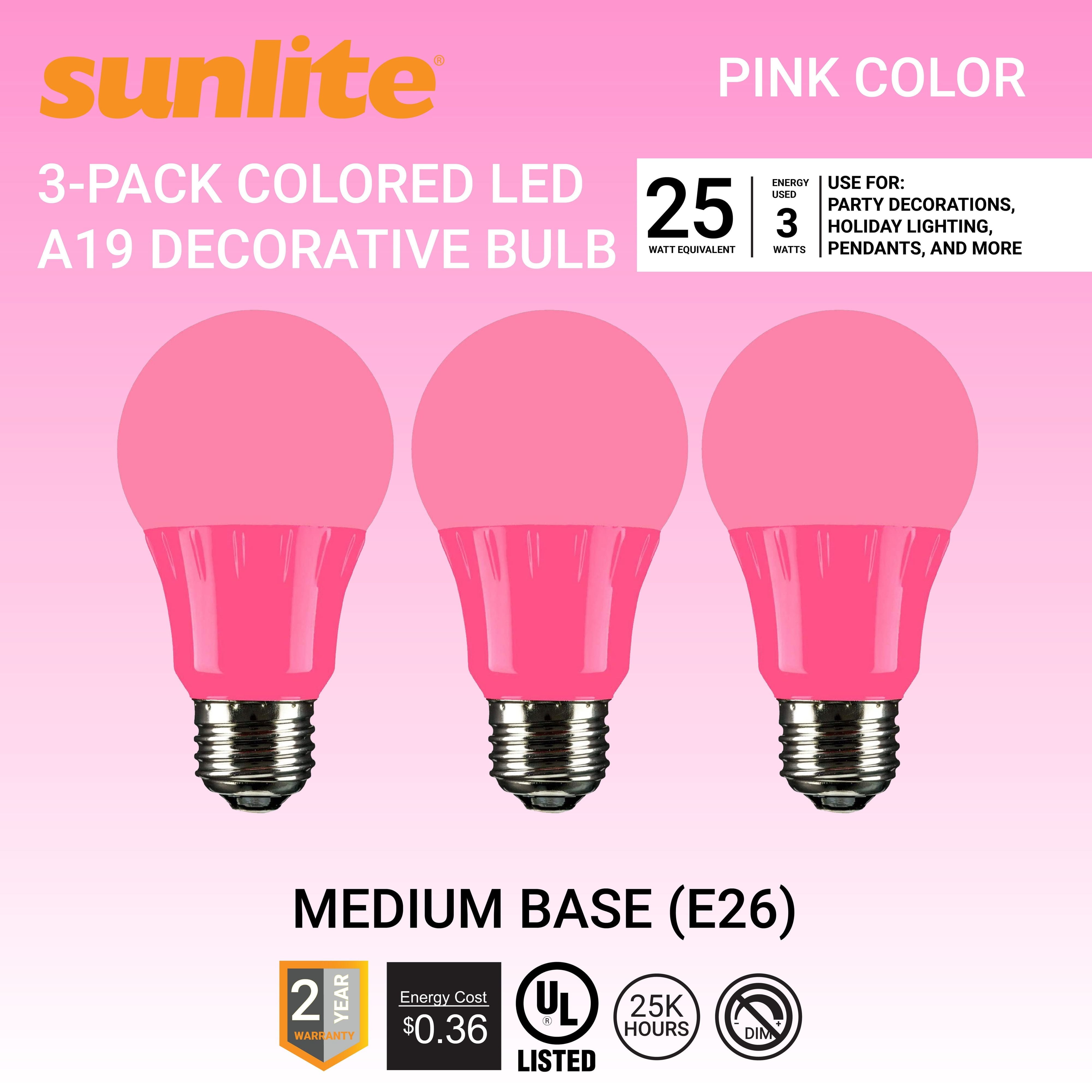 Sunlite LED A19 Pink Light Bulb, 3W, 25W Equivalent, E26 Base, 3 Pack ...