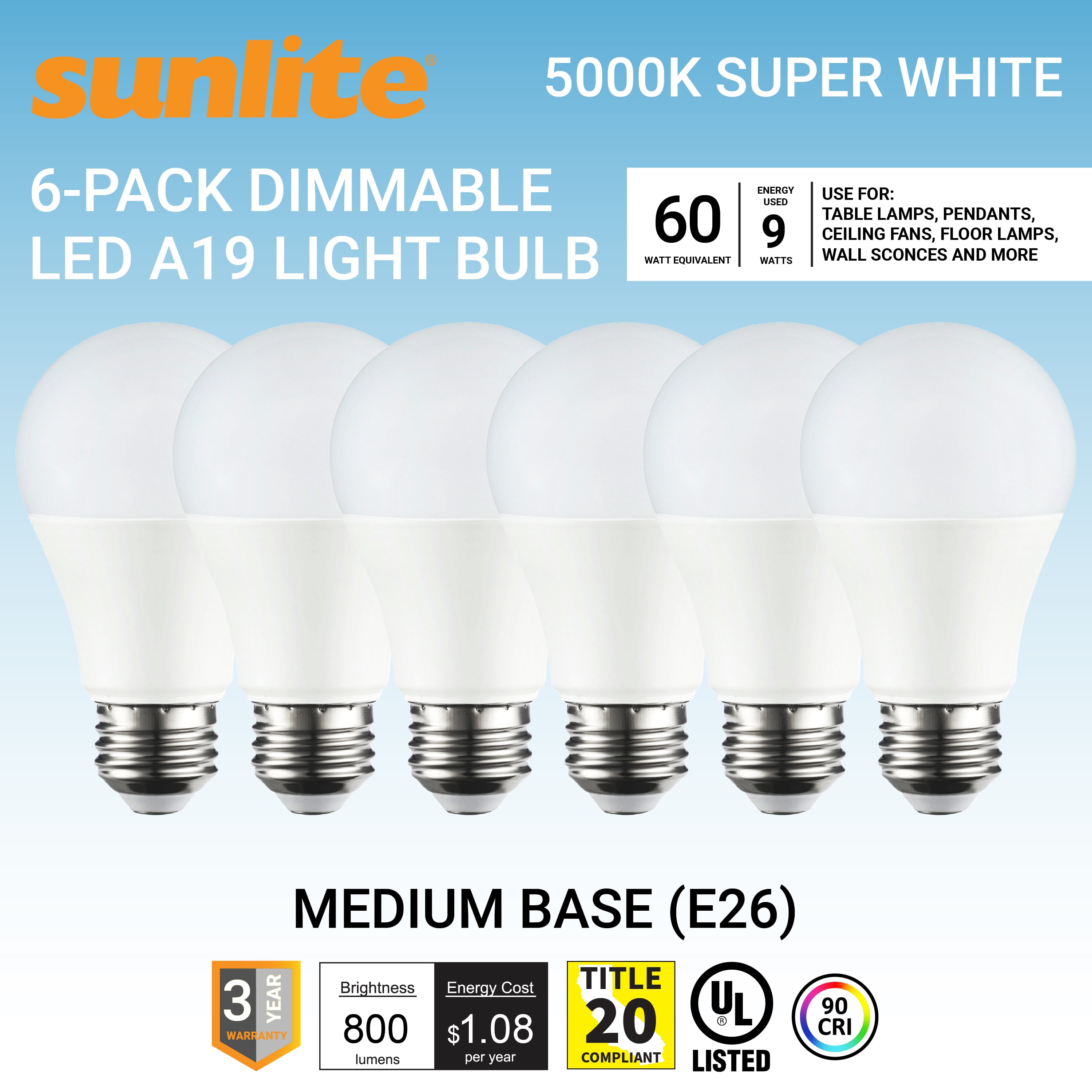 Sunlite LED A19 Standard Household Light Bulb, 9 Watts (60W Equivalent ...