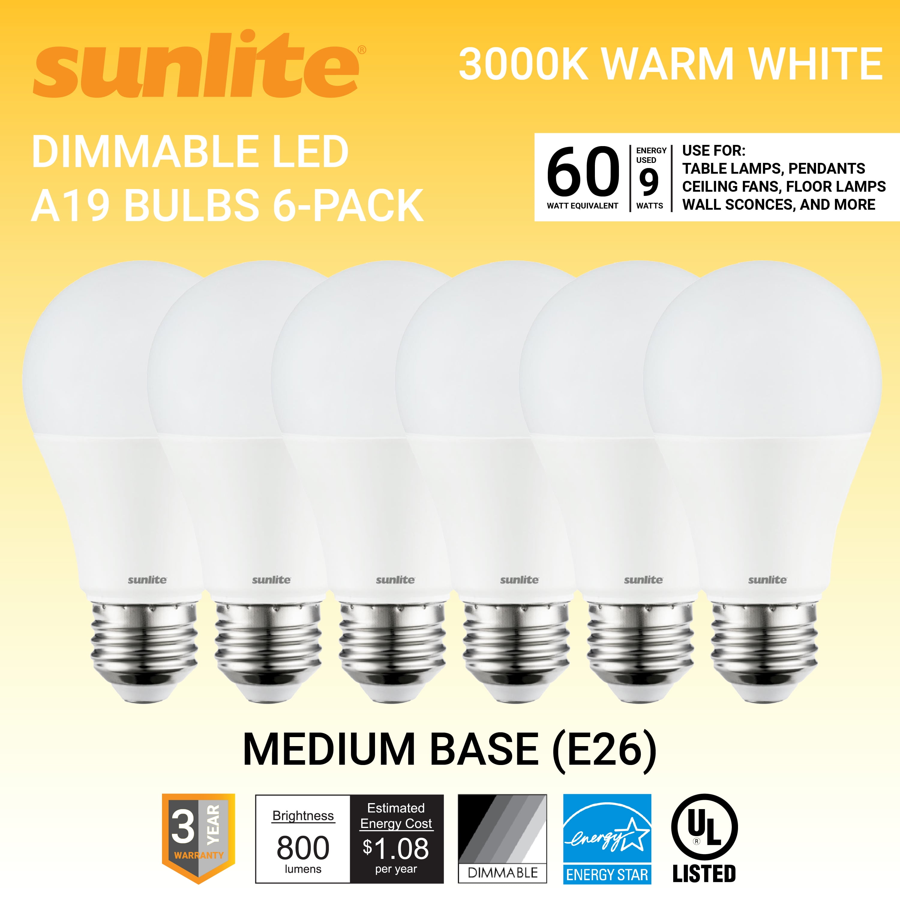 Sunlite LED A19 Standard Light Bulb, 9 Watts (60w Equivalent), 800 ...