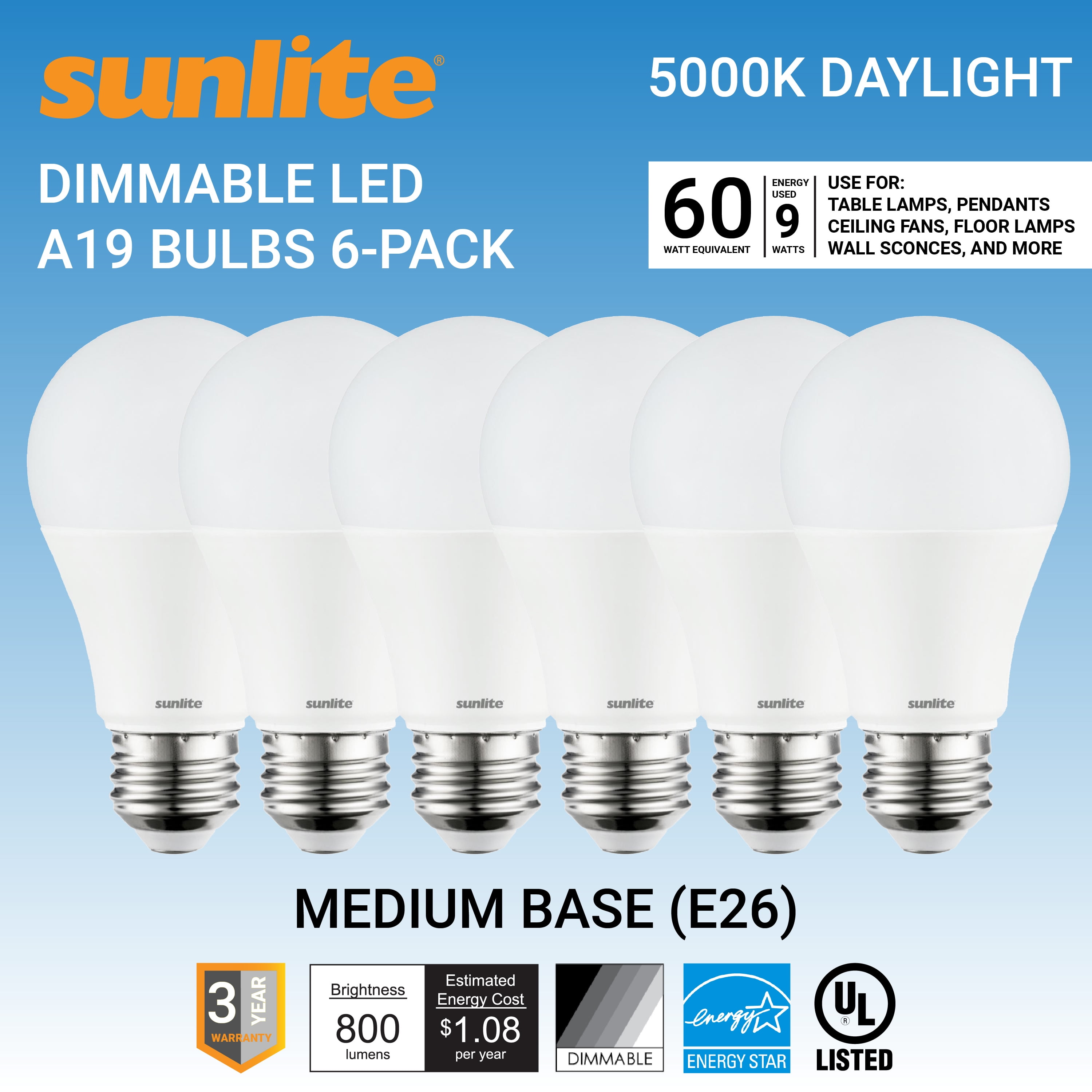 Sunlite 9W LED A19 Bulb, 60w Equivalent, 800 Lumens, 5000K Daylight ...