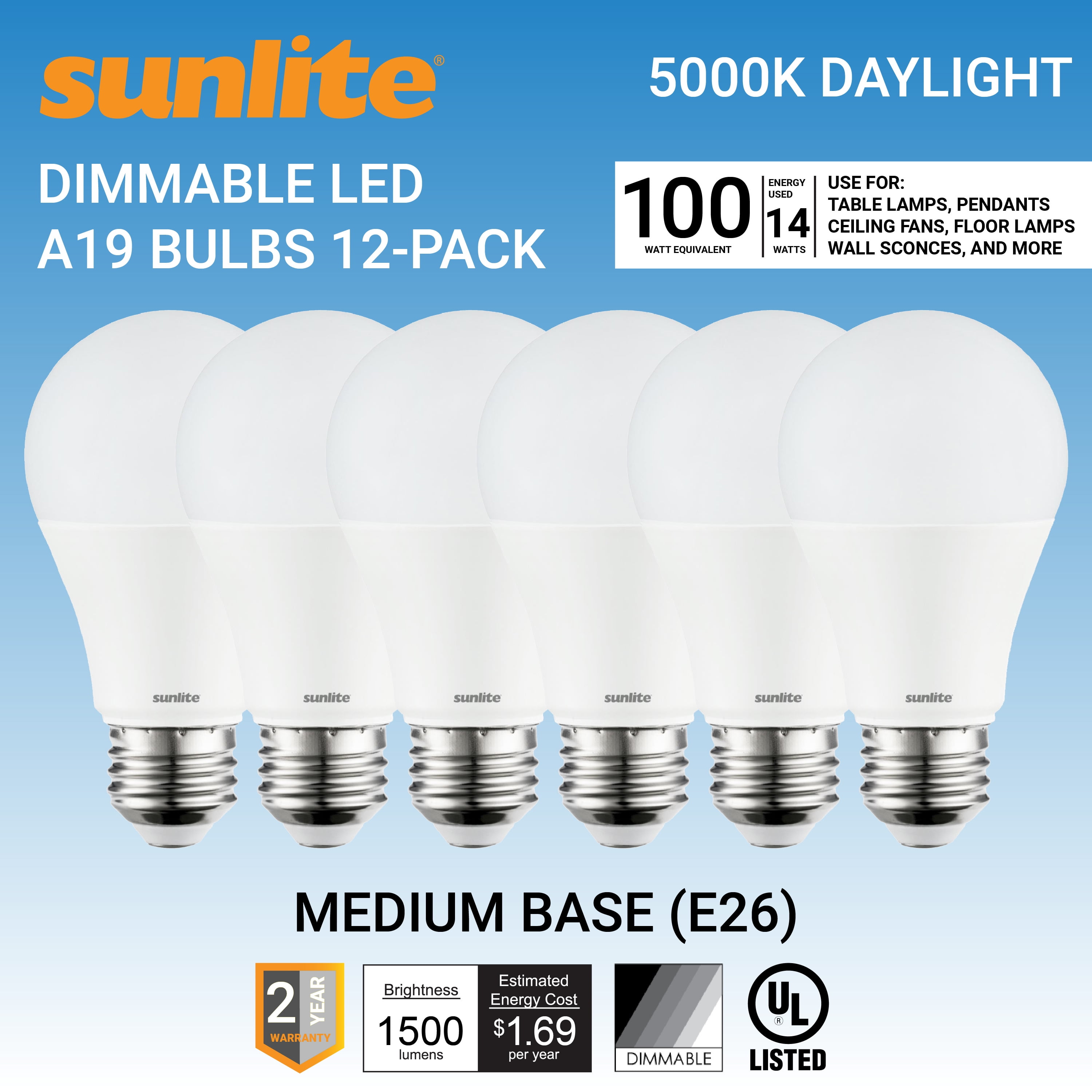 Sunlite LED A19 Super Bright Light Bulb, Dimmable 14 Watt (100W ...
