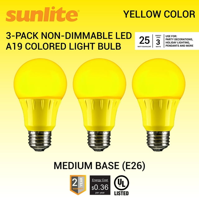 Sunlite LED A19 Yellow Colored Light Bulb, 3W (25w Equivalent), E26 ...