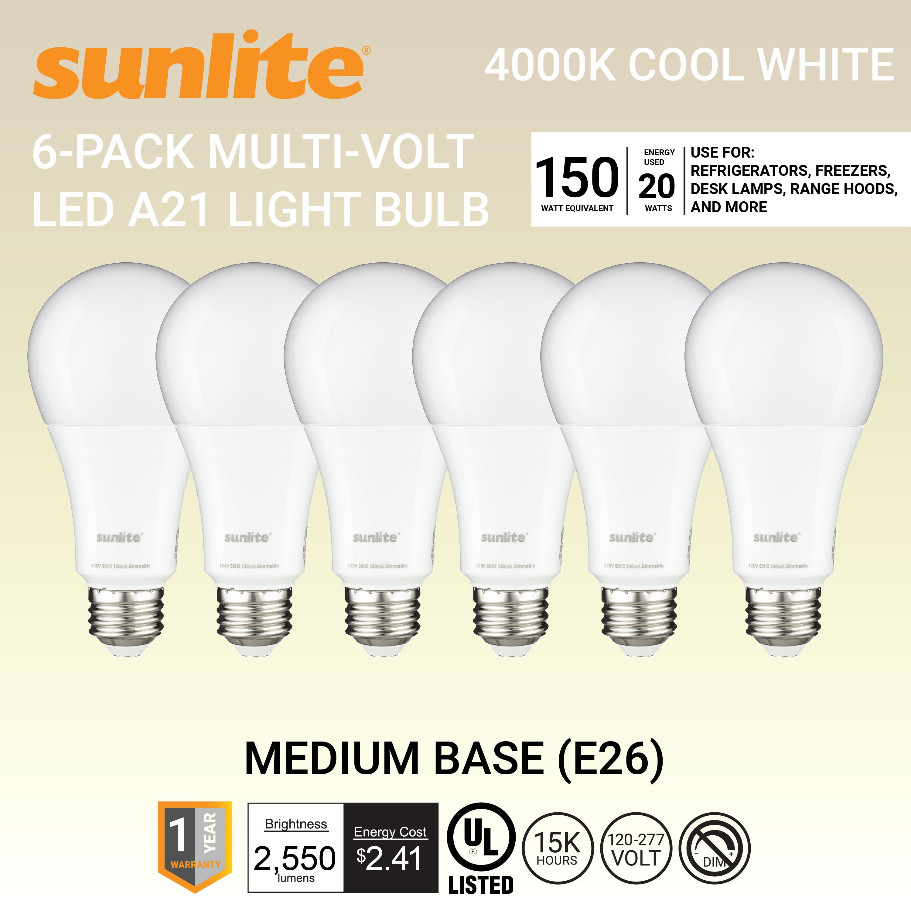 Sunlite LED A21 Light Bulb, 20 Watts (150w Equivalent), 2550 Lumens ...