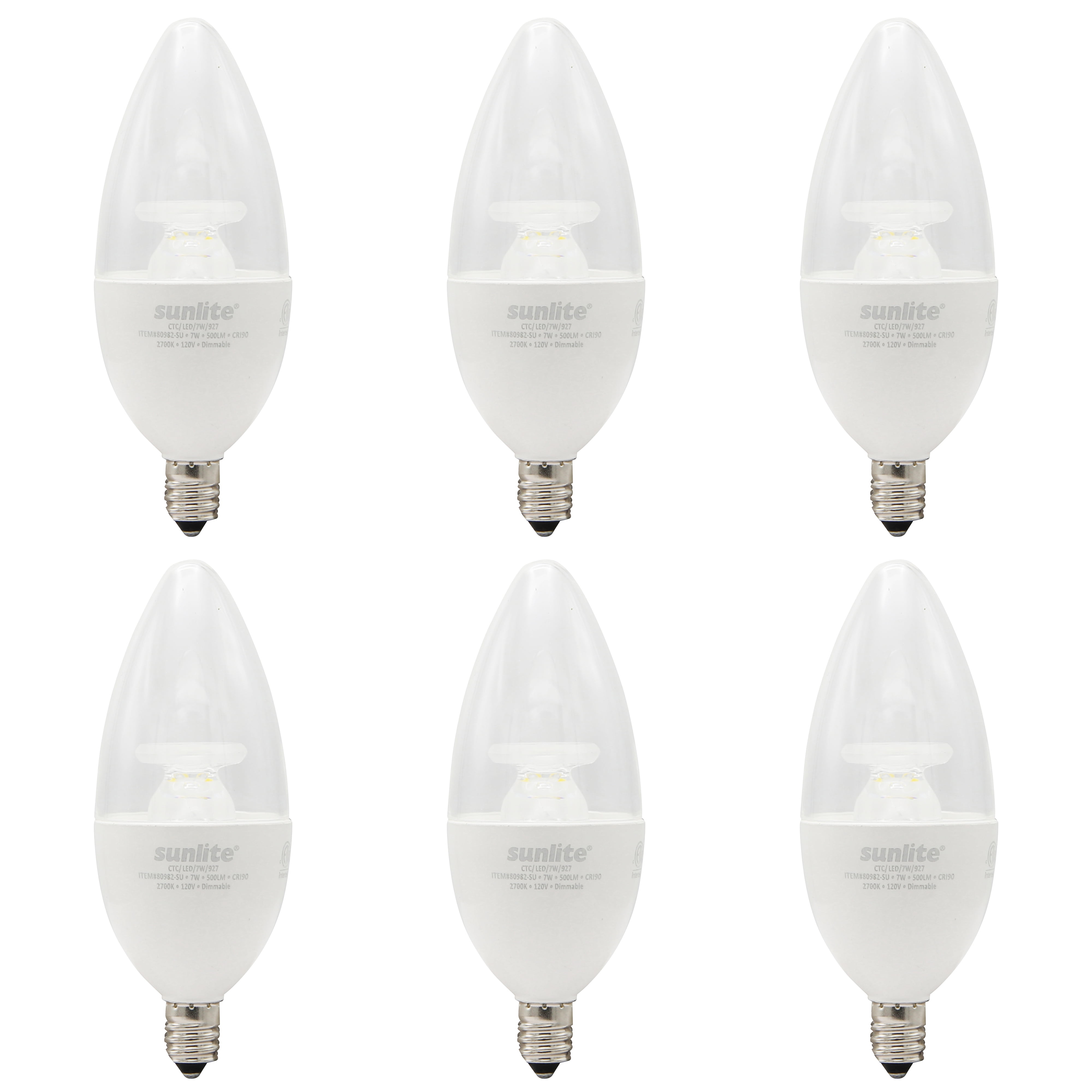 Sunlite LED B12 Clear Chandelier CTC Light Bulb, 7 Watts (60W=), 500 Lm ...