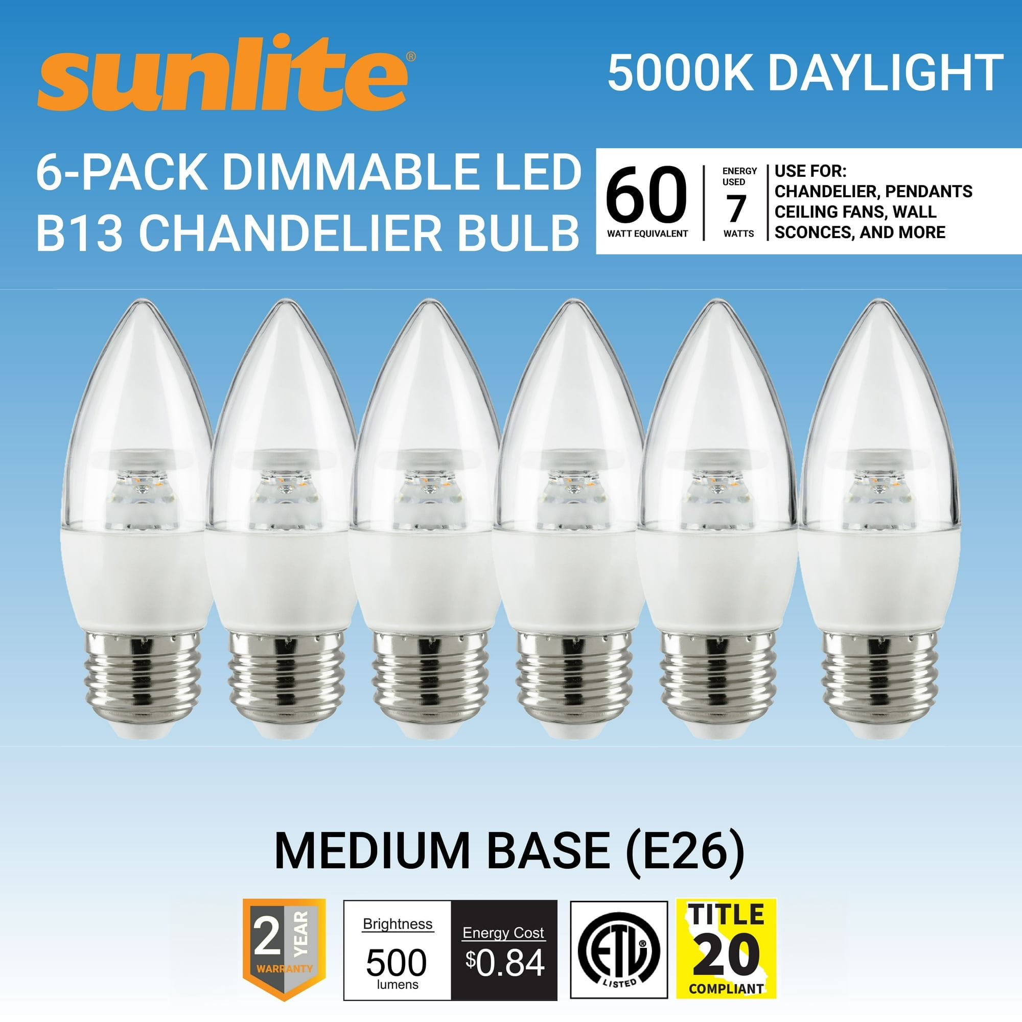 Sunlite LED B13 Decorative Chandelier Light Bulb, 7 Watts (60W=), 500 ...