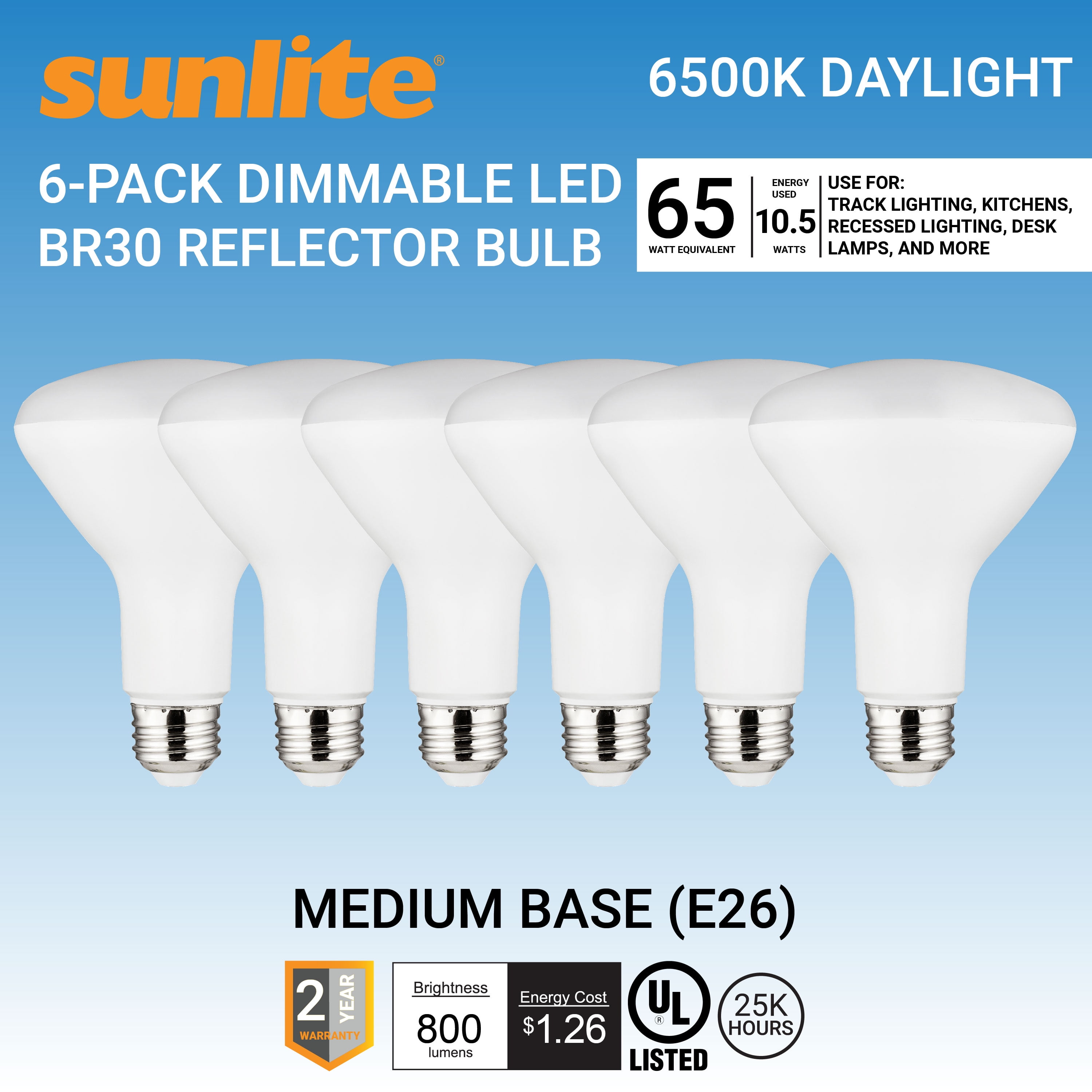 Sunlite LED BR30 Recessed Light Bulb, 10.5 Watt (65W Equivalent), Medium E26 Base, Dimmable,UL ...