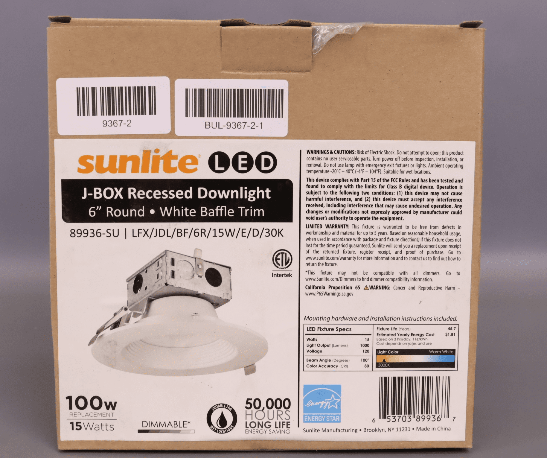 Sunlite LED Baffle Jbox Retrofit Fixture,3000K,W LFX/JDL/BF/6R/15W/E/D/30K - Walmart.com