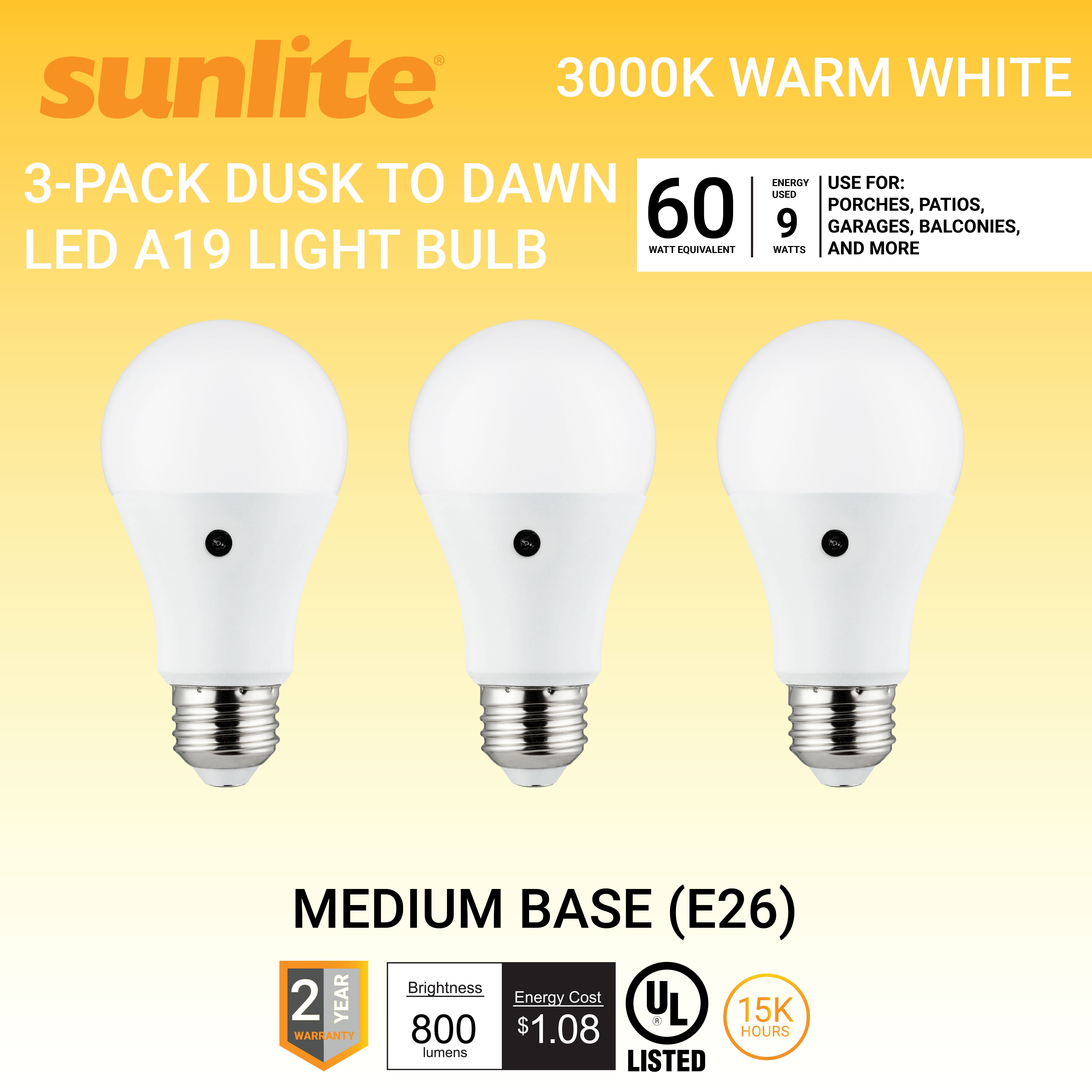 Sunlite LED A19 Bulb, Dusk to Dawn, 9W (60W Equiv.), 800Lm, E26, Warm ... Sunlite LED A19 Bulb, Dusk to Dawn, 9W (60W Equiv.), 800Lm, E26, Warm ...