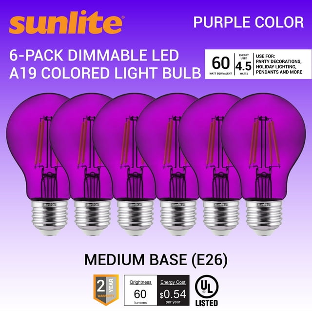 Sunlite LED Filament A19 Purple E26 Base 4.5W (60W Equivalent) Dimmable ...