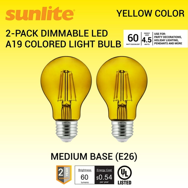 Sunlite LED Filament A19 Yellow E26 Base 4.5W (60W Equivalent) Dimmable ...