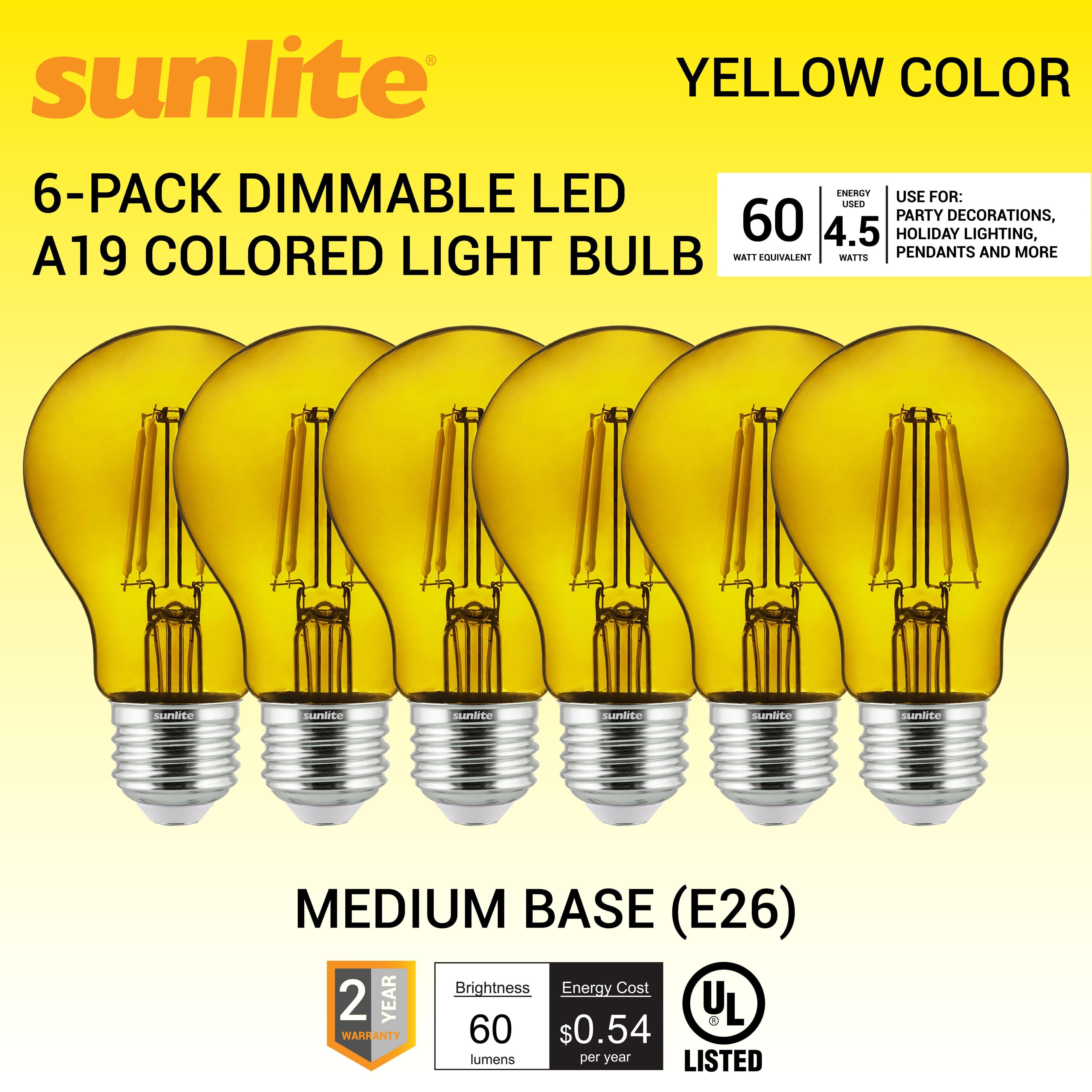 Sunlite LED Filament A19 Yellow E26 Base 4.5W (60W Equivalent) Dimmable ...