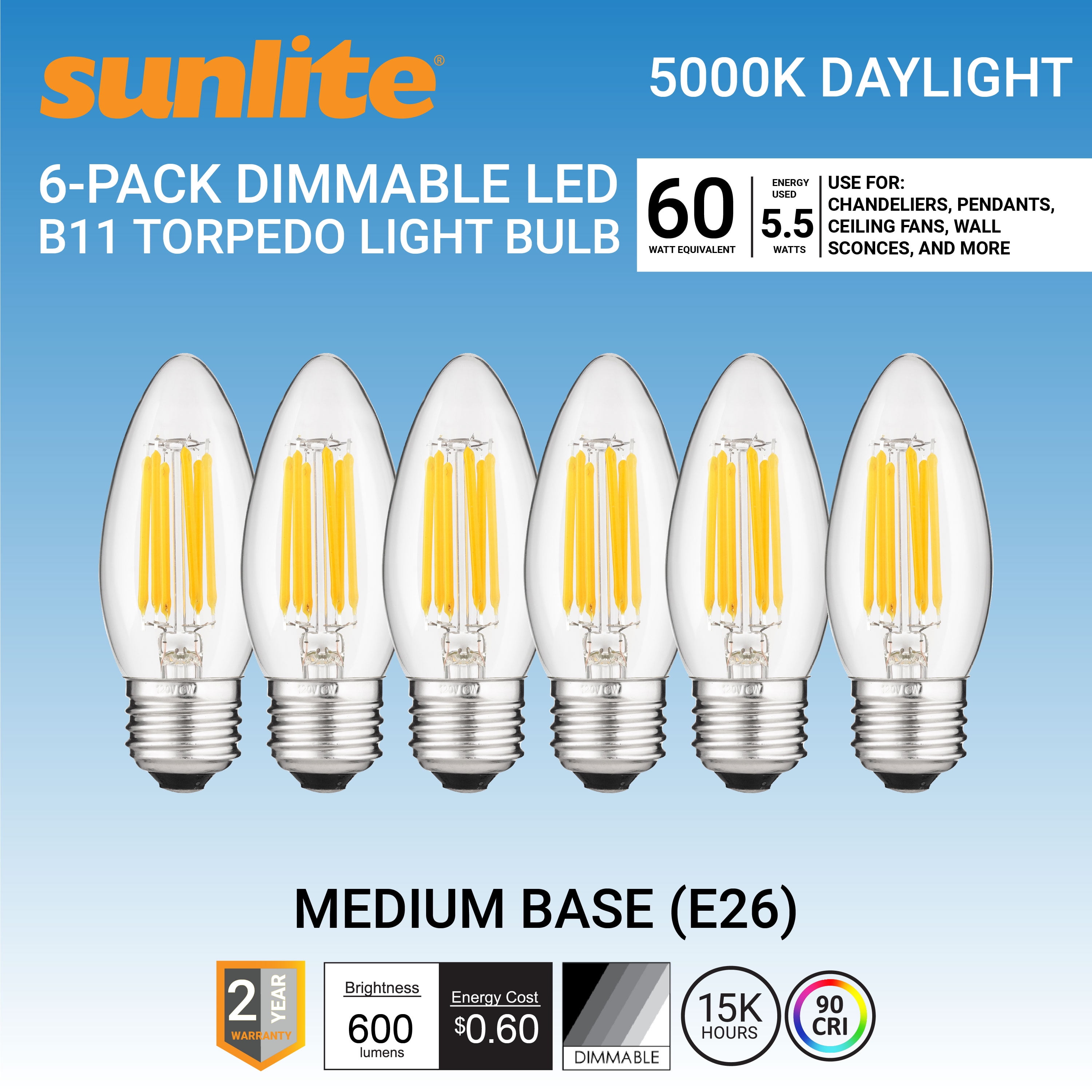 Sunlite LED B11 Candelabra Light Bulb, 5.5W (60W Eq.), E26, Dimmable ...
