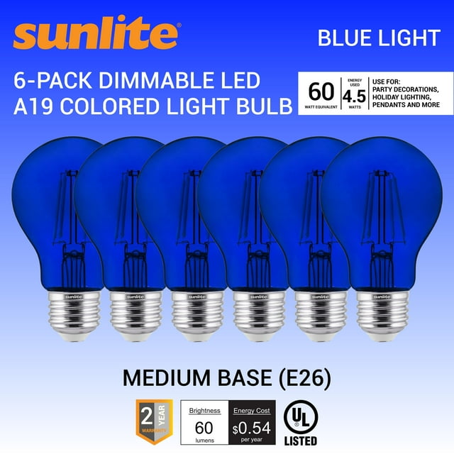 Sunlite LED Filament Blue A19 E26 Base 4.5W (60W Equivalent) Dimmable Light Bulb, 6 Count ...