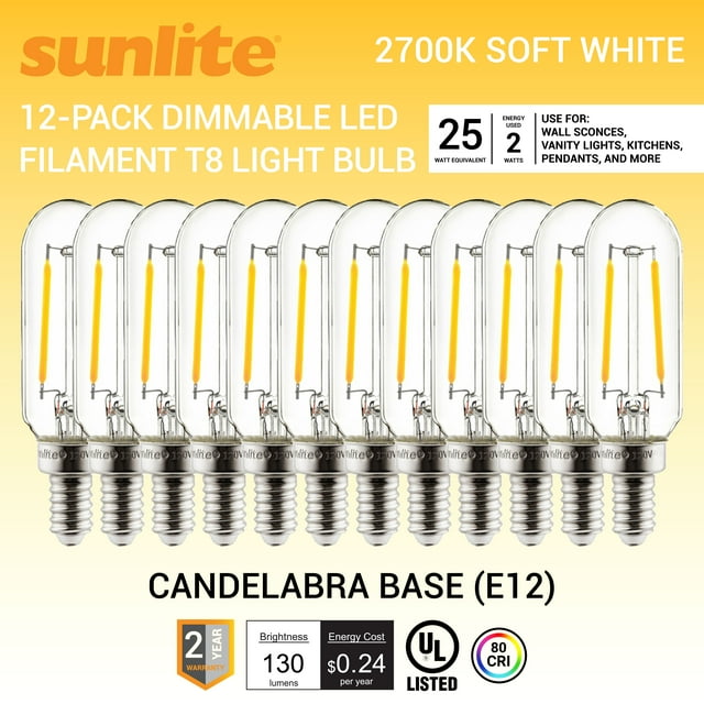 Sunlite LED Filament T8 Tubular Light Bulb, 2 Watts (25W Equivalent ...