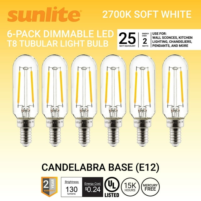 Sunlite LED Filament T8 Tubular Light Bulb, 2 Watts (25W Equivalent), Candelabra E12 Base ...