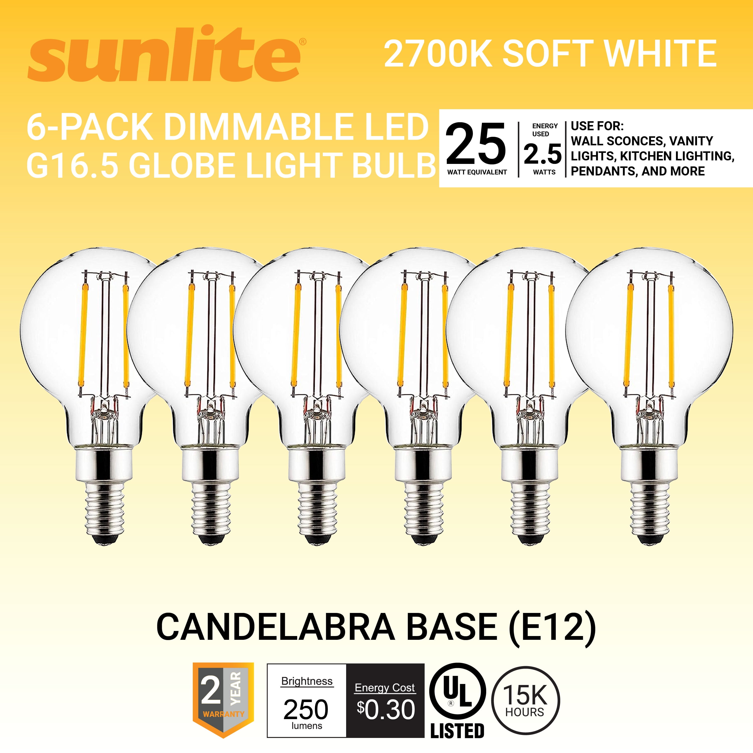 Sunlite LED G16.5 Filament Style Globe Light Bulb, 2.5 Watts (25W ...